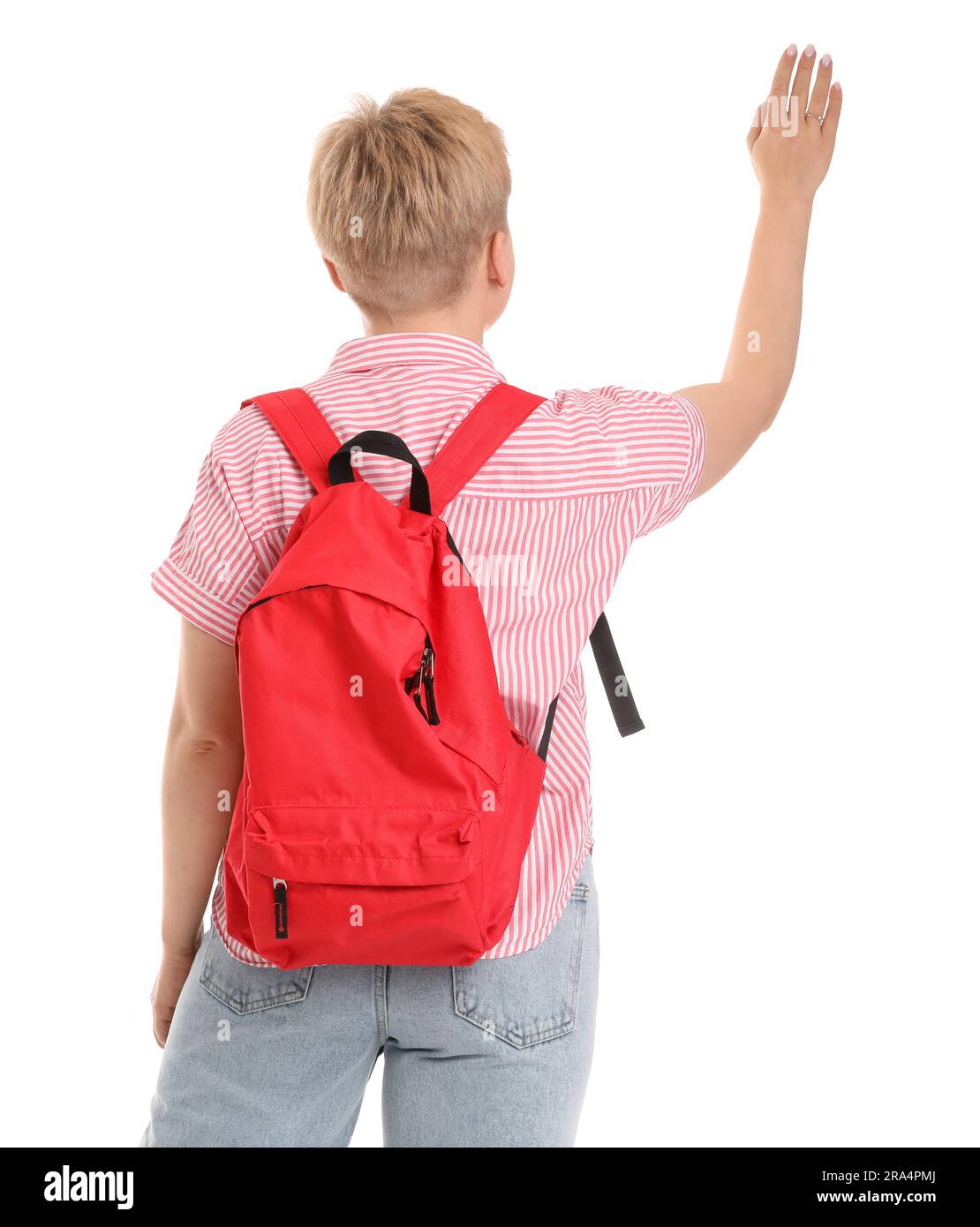 Female student with backpack waving hand on white background, back view ...