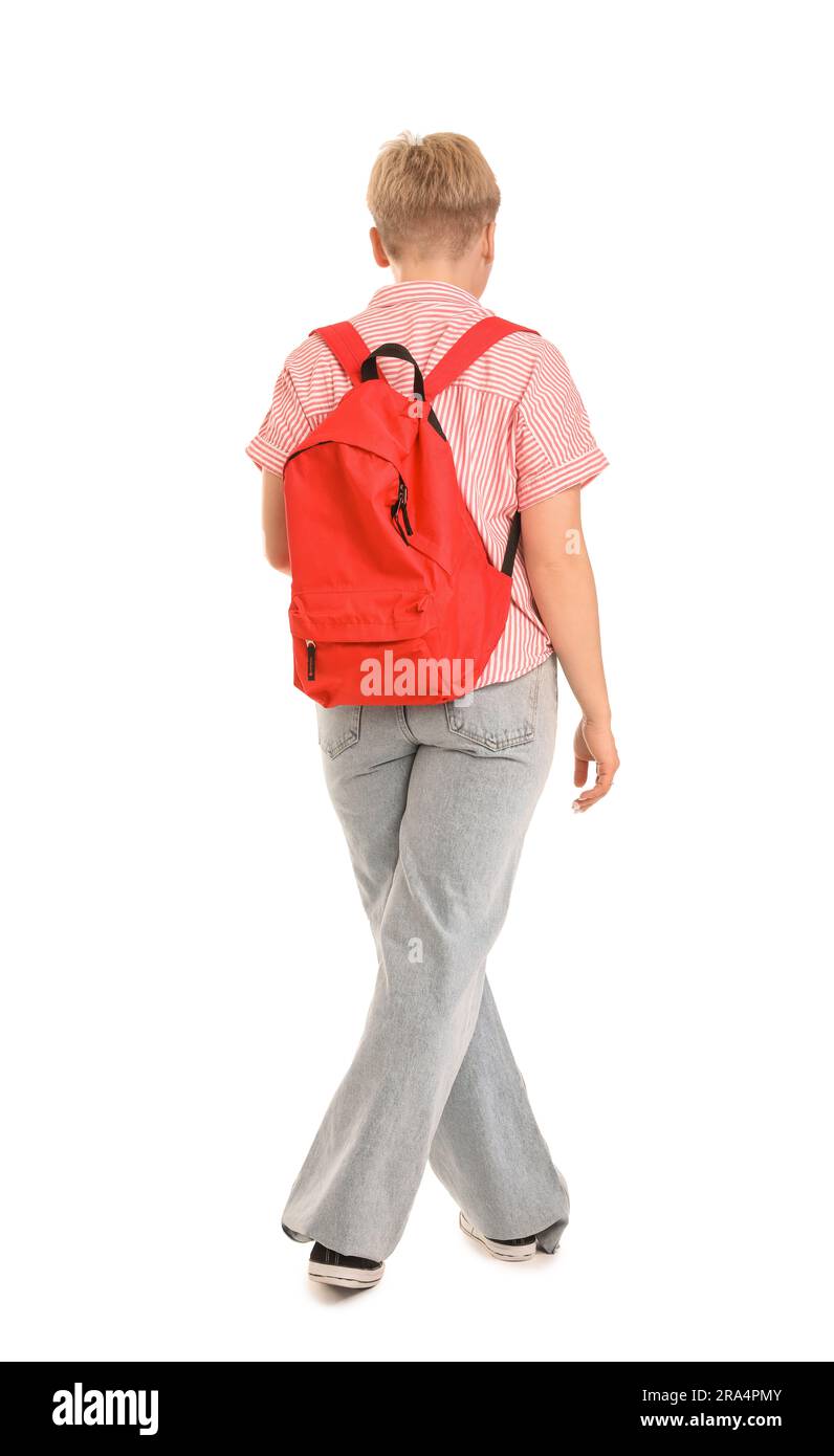 Female student with backpack on white background, back view Stock Photo ...