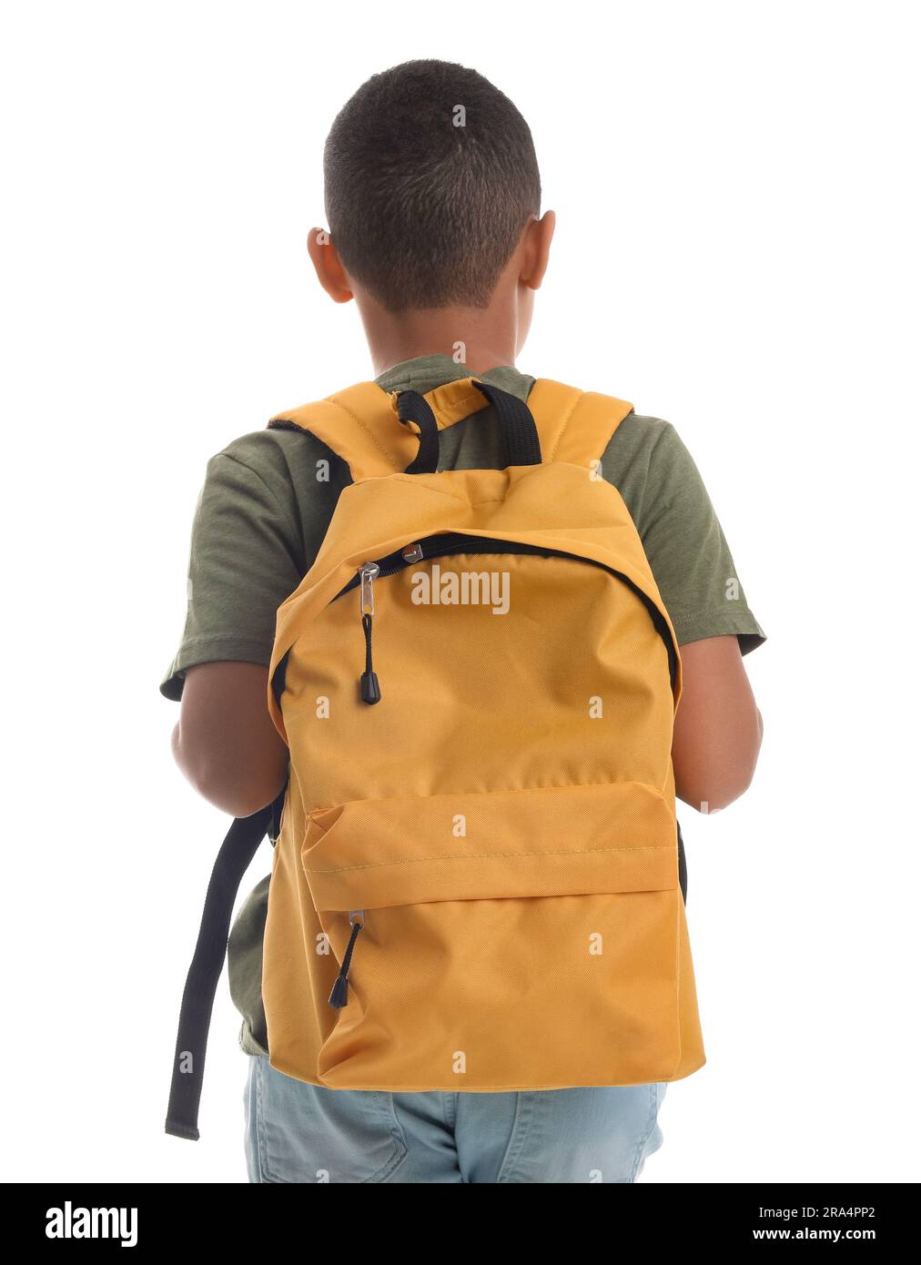 Little African-American schoolboy with backpack on white background ...