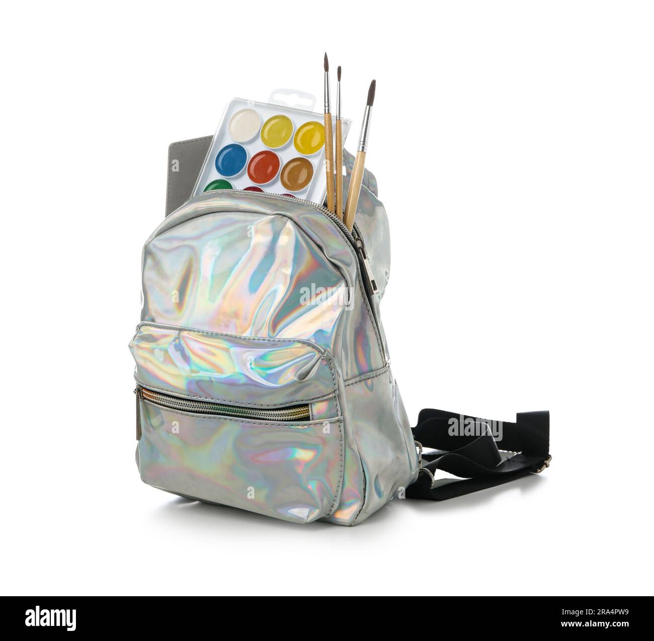 Hologram school backpack with watercolors and brushes on white ...