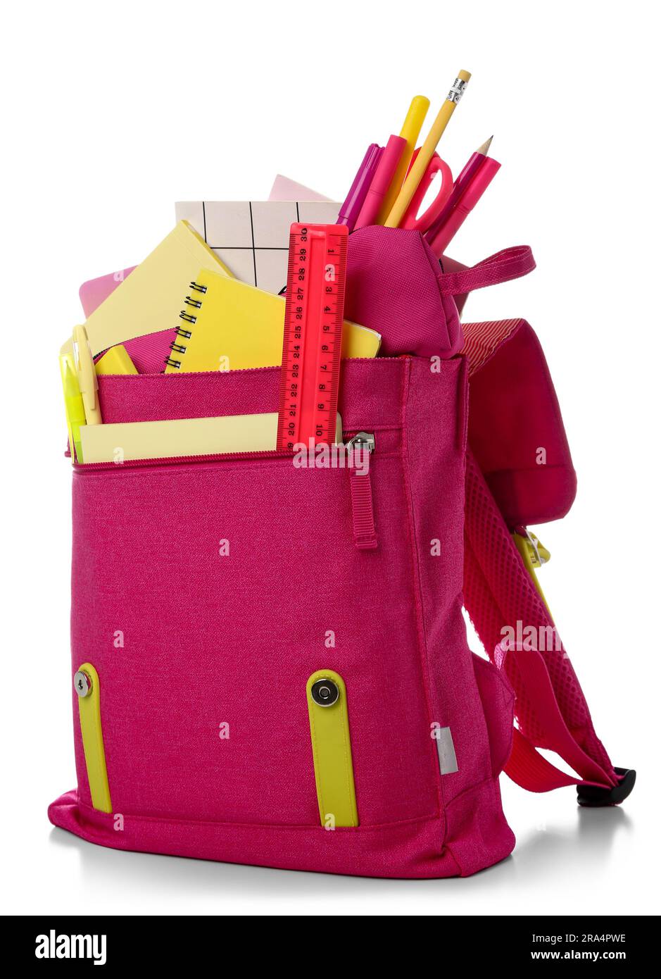 Pink school backpack with notebooks, ruler and pencils on white ...