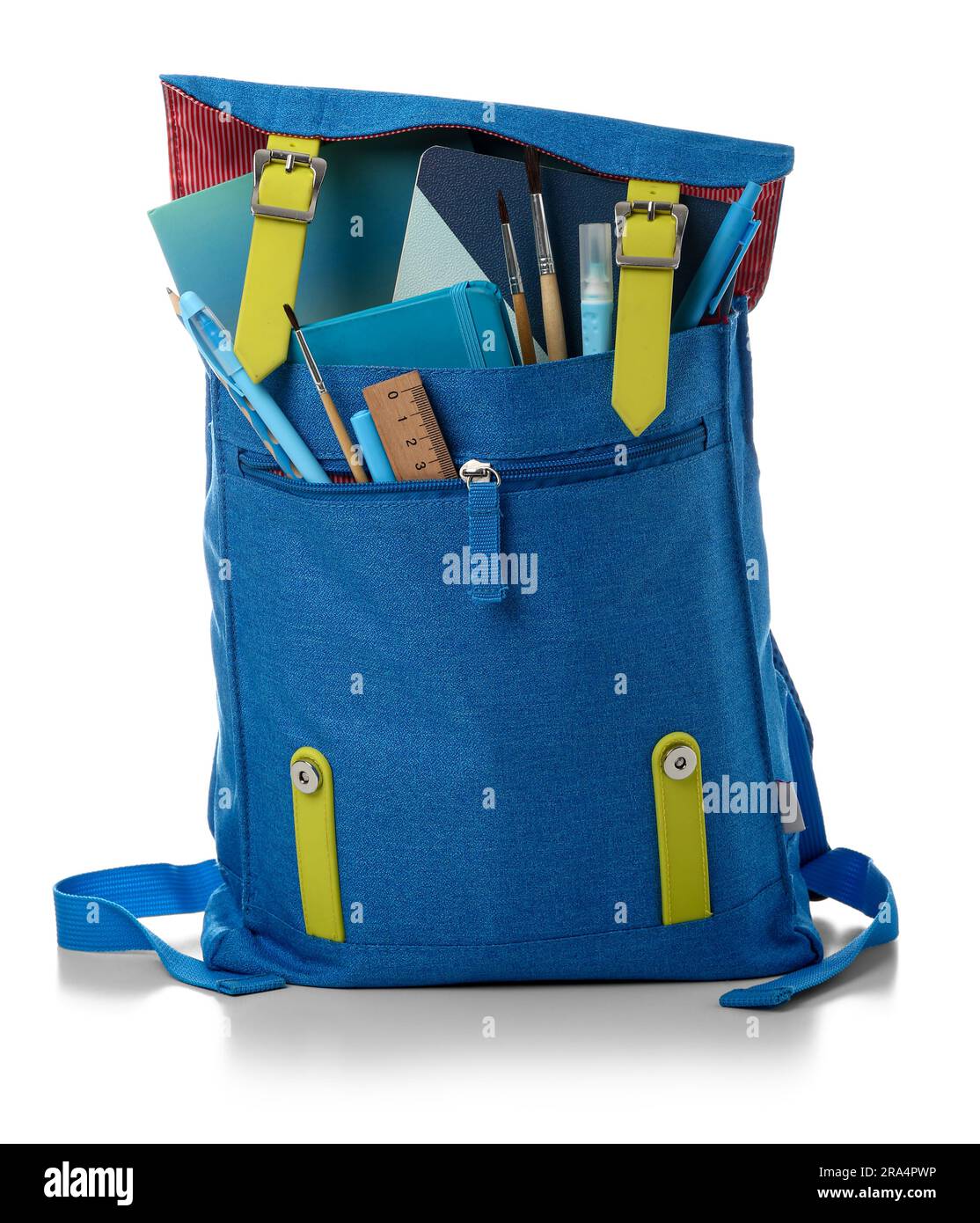 Blue school backpack with notebooks, brushes and markers on white ...