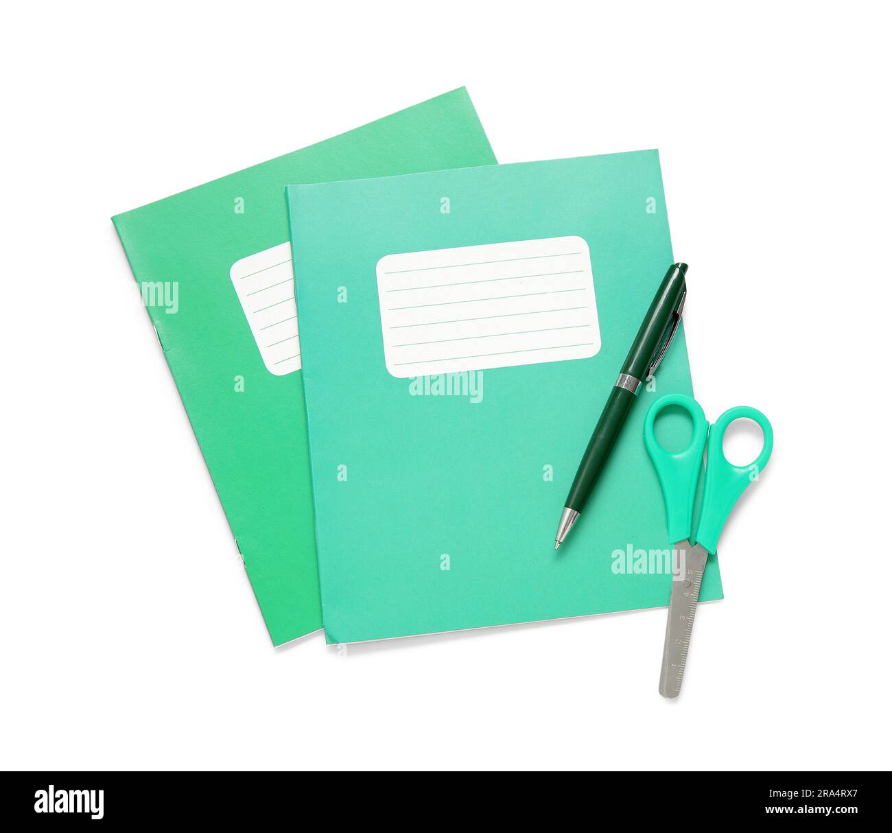 Different notebooks with pen and scissors isolated on white background ...