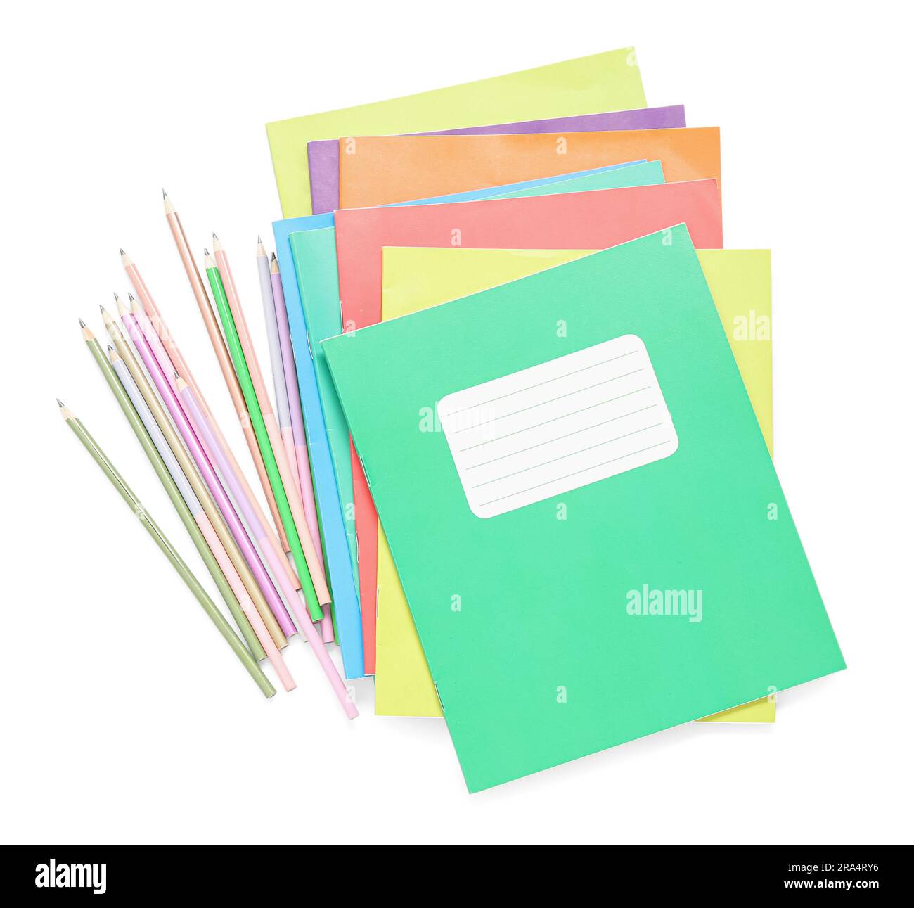 Different colorful notebooks with pencils isolated on white background ...