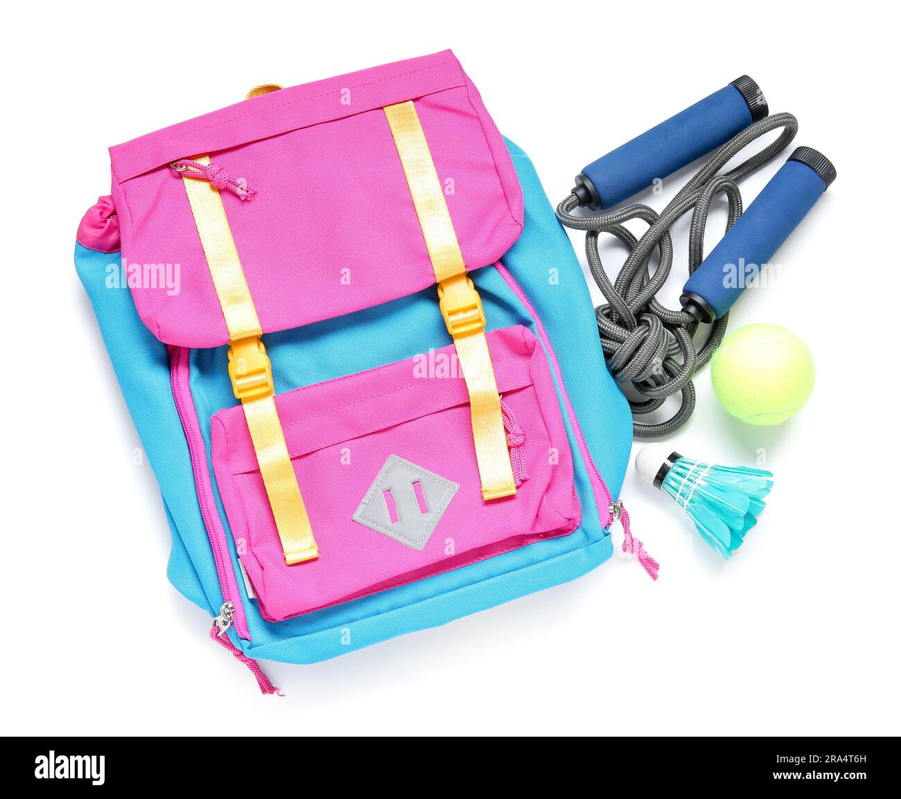 Backpack with badminton shuttlecock, skipping rope and tennis ball ...