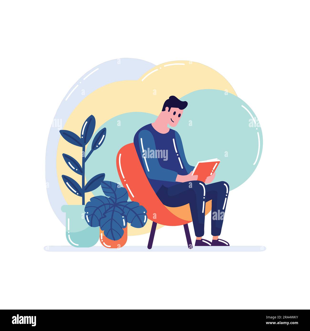 Hand Drawn Man Sitting And Reading A Book In Flat Style Isolated On