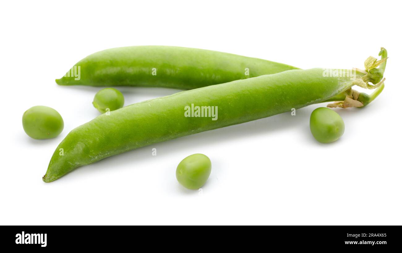 Green pea pods on white background Stock Photo - Alamy