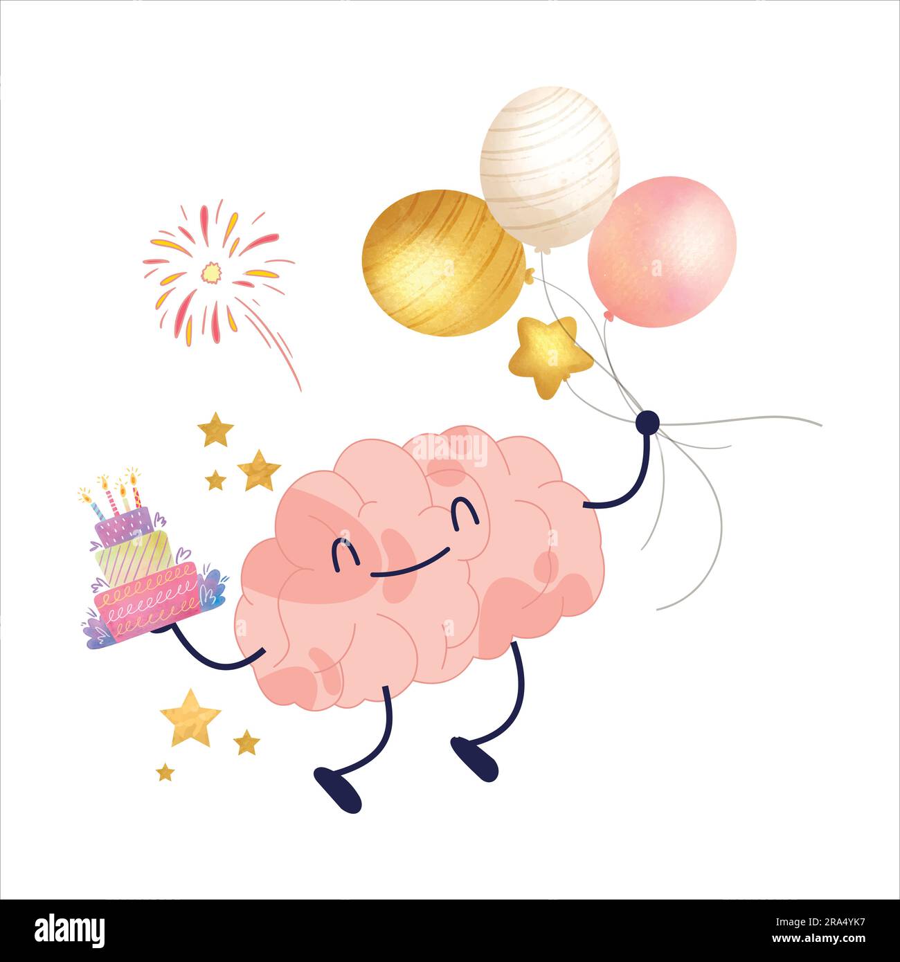Happy brain with cake and balloons, birthday theme brain emoji, brain ...