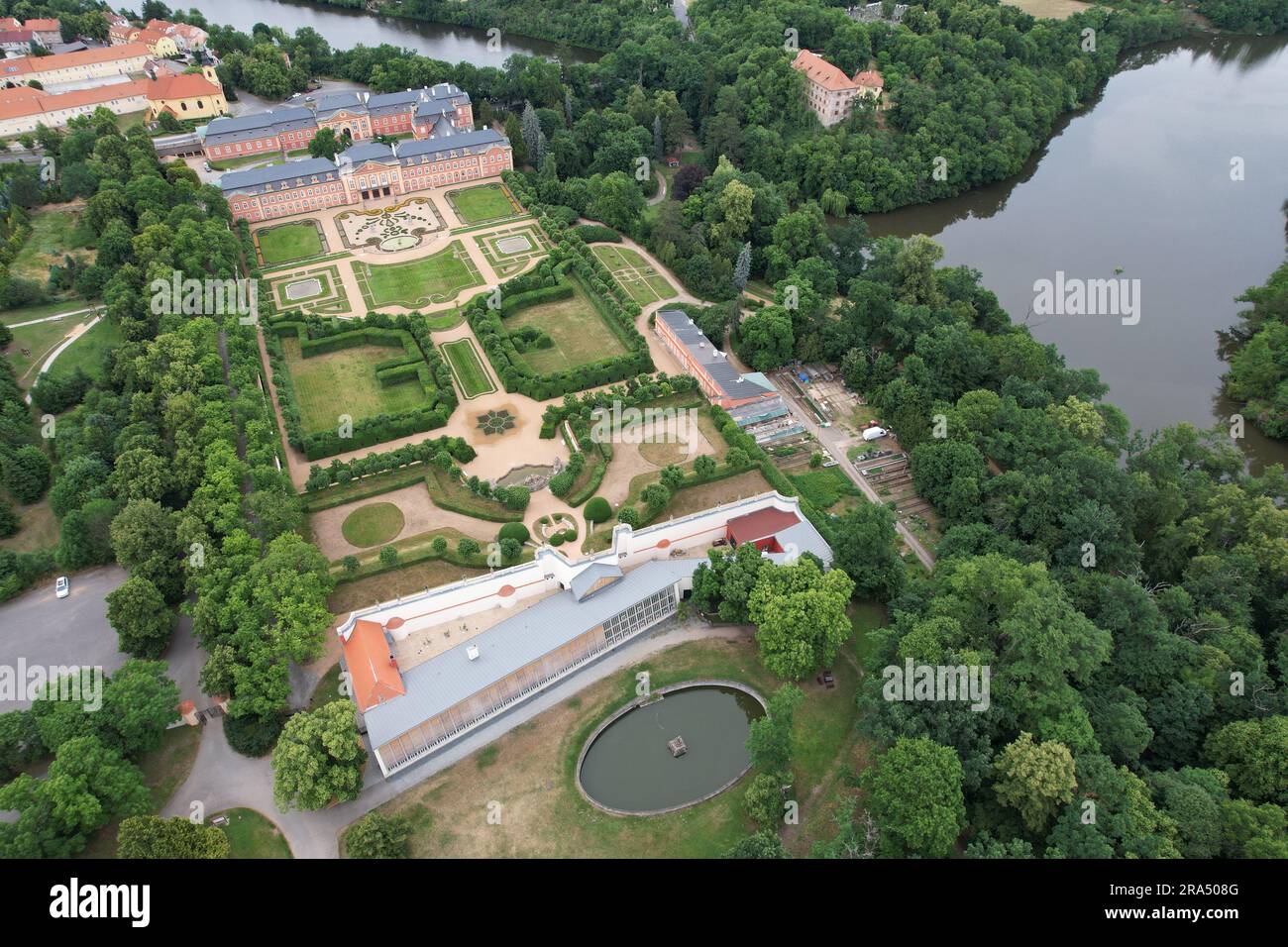 Dobris castle and historical city center aerial panorama landscape view ...