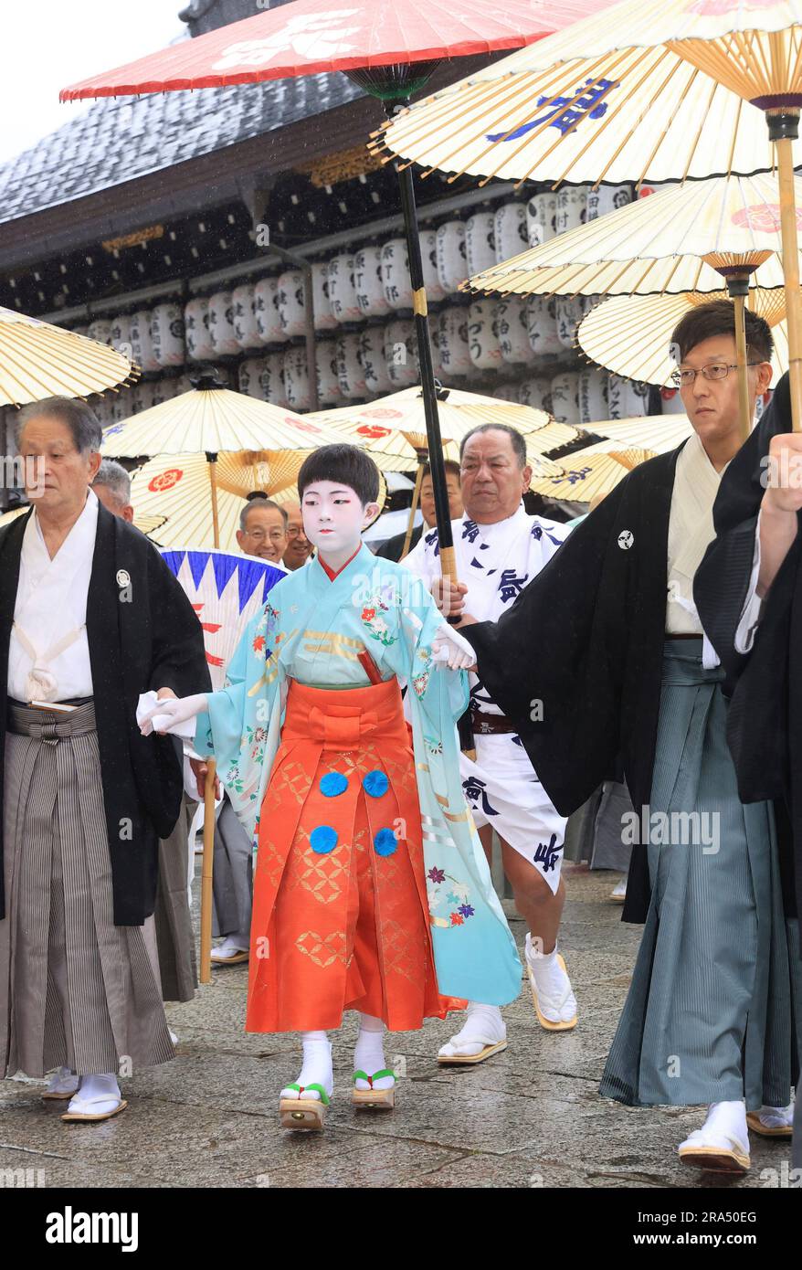 Chigo, a child of festivity, attends the Osendo-no-gi ritual at Yasaka Jinja Shrine in Kyoto on ...
