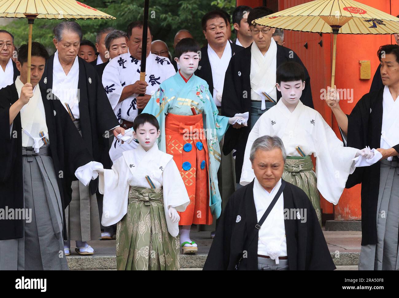 Chigo, a child of festivity, attends the Osendo-no-gi ritual at Yasaka Jinja Shrine in Kyoto on ...