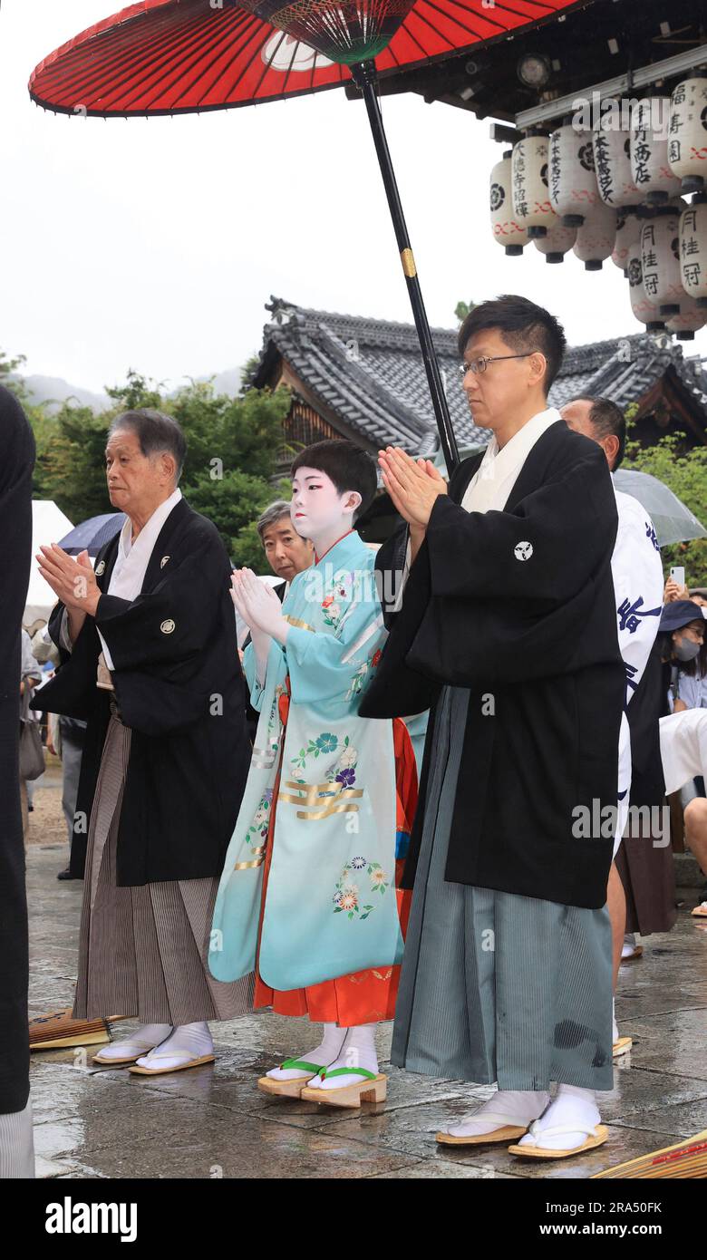 Chigo, a child of festivity, attends the Osendo-no-gi ritual at Yasaka Jinja Shrine in Kyoto on ...