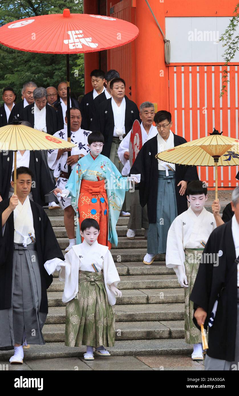 Chigo, a child of festivity, attends the Osendo-no-gi ritual at Yasaka Jinja Shrine in Kyoto on ...