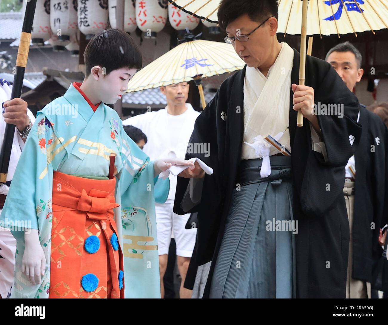 Chigo, a child of festivity, attends the Osendo-no-gi ritual at Yasaka Jinja Shrine in Kyoto on ...