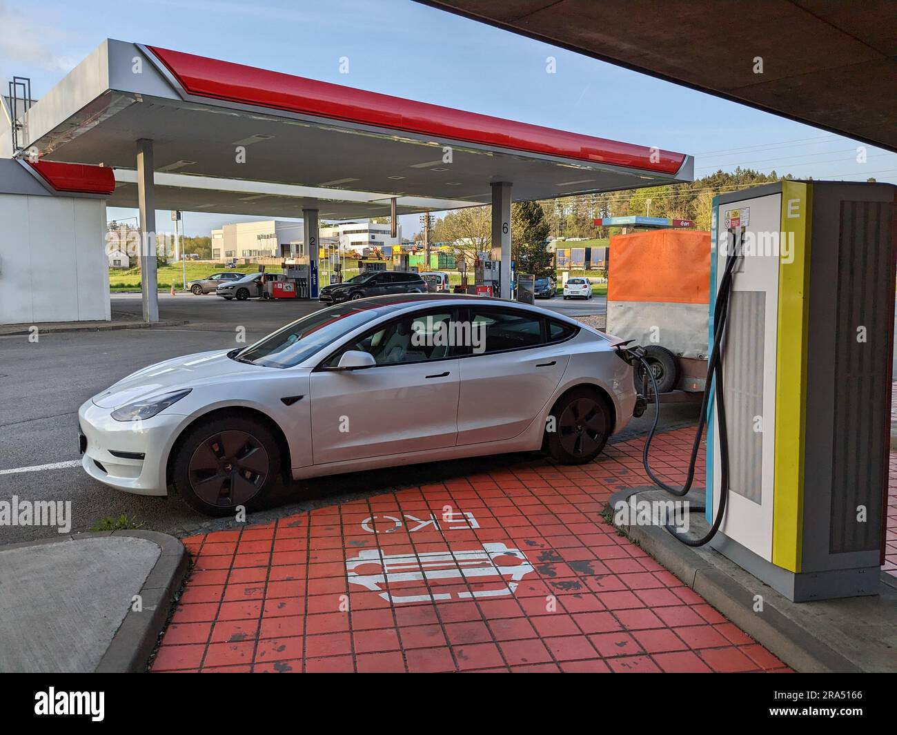 Humpolec, CZECH REPUBLIC - May 16 , 2023: Tesla charging stations are ...