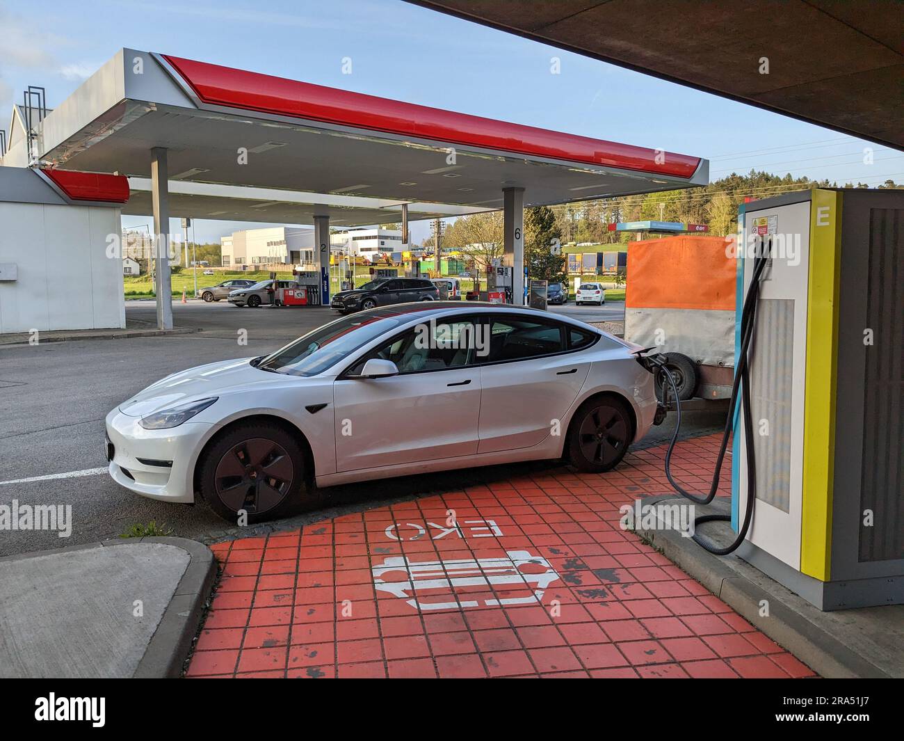 Humpolec, CZECH REPUBLIC - May 16 , 2023: Tesla charging stations are ...