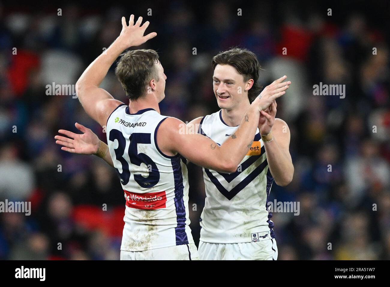 Melbourne, Australia. 01st July, 2023. Jye Amiss of the Dockers (right ...