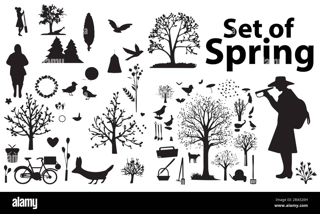 A set of silhouette spring elements vector illustration Stock Vector ...