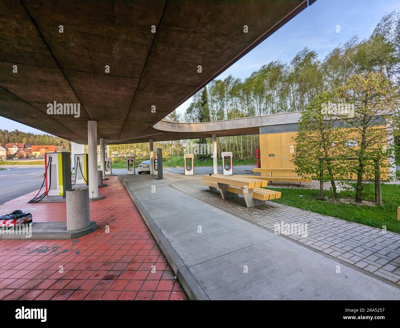 Humpolec, CZECH REPUBLIC - May 16 , 2023: Tesla charging stations are ...