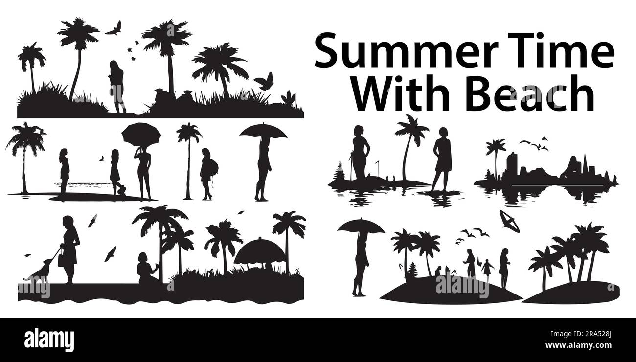 A set of Summer time with Beach silhouette vector illustration Stock ...