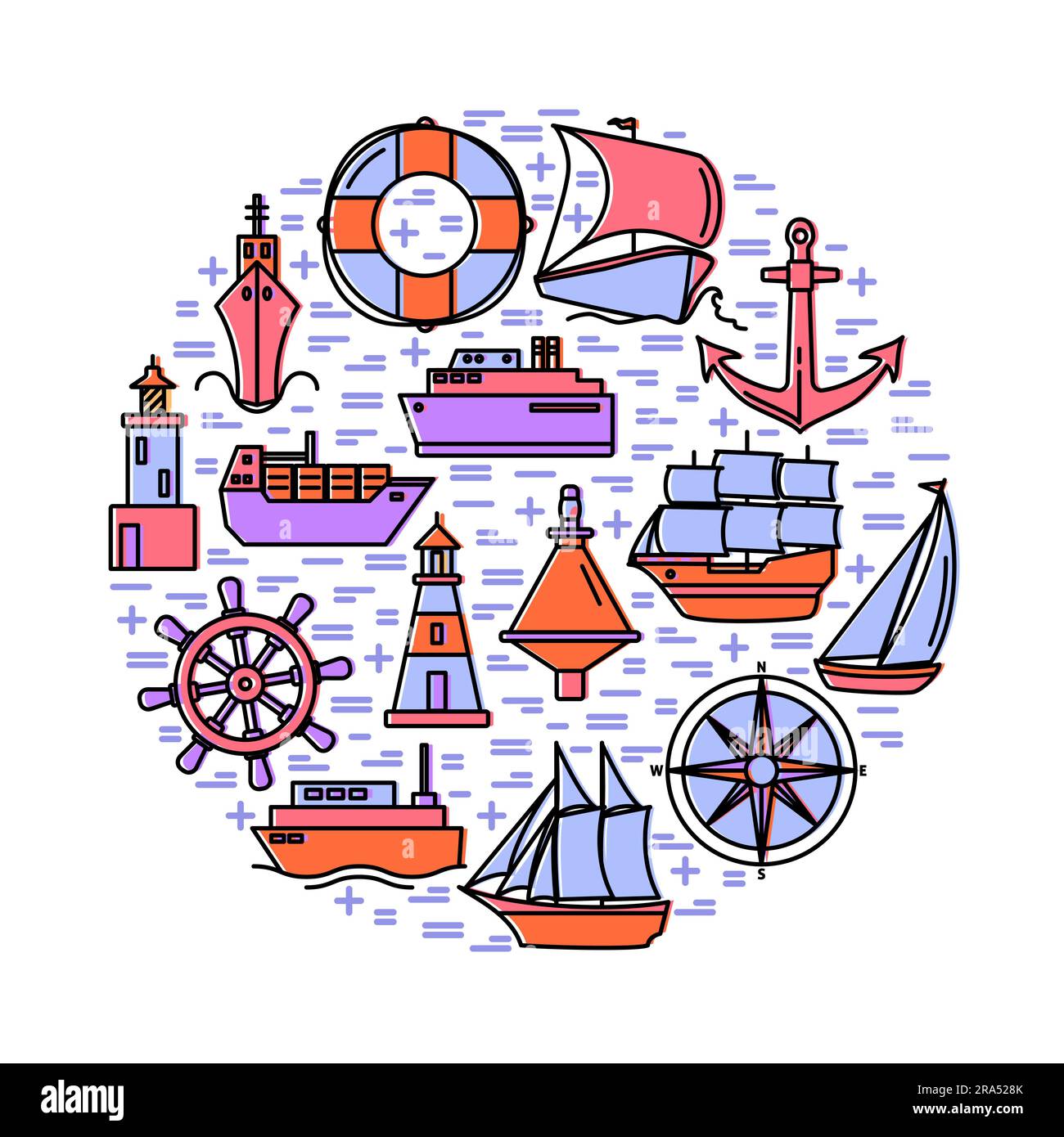 Sea spirit round concept in line style with ships and nautical symbols ...