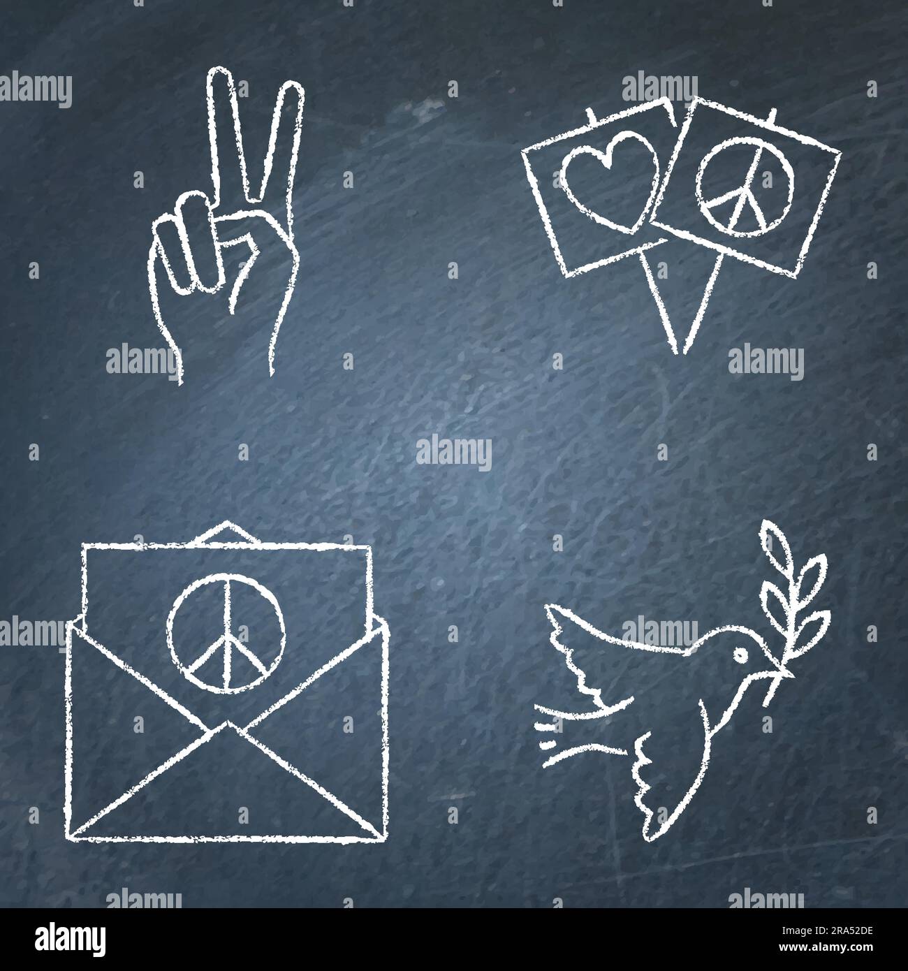 Pacifism and peace chalkboard icon set. Dove of peace, V gesture ...