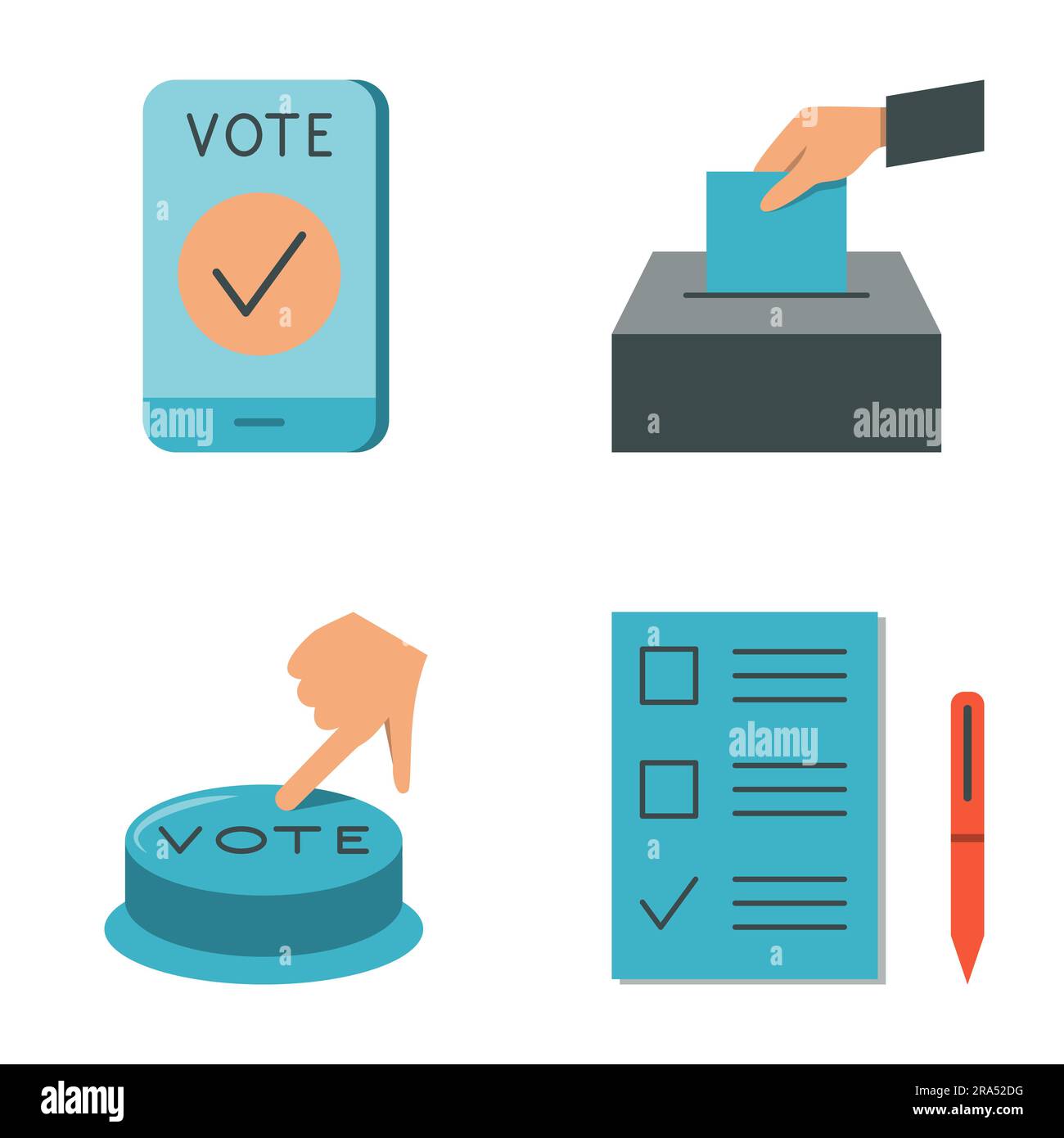 Voting and elections flat icon set. Vote button, ballot box and paper ...