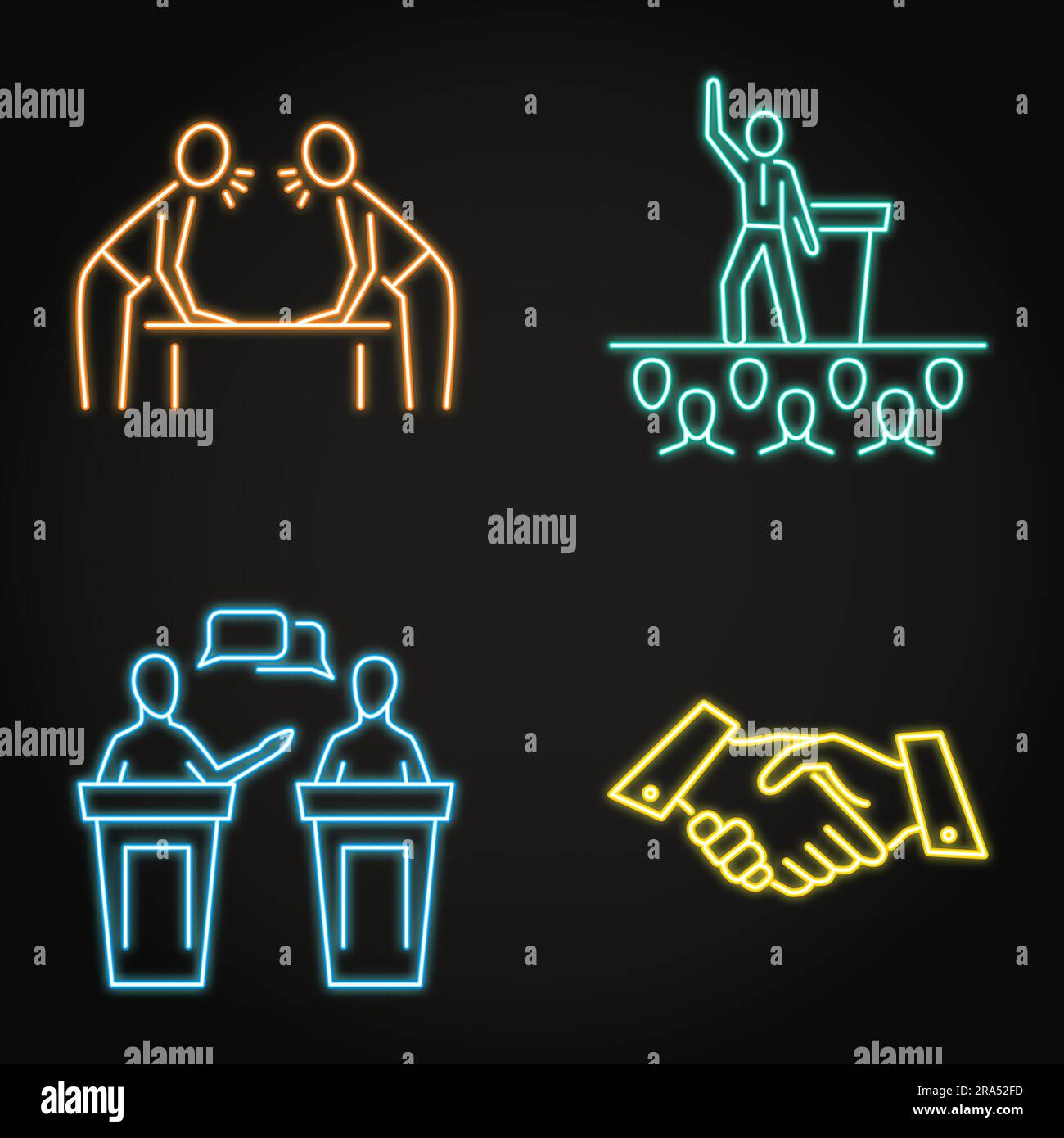 Public speech and political debates neon icon set. Conference statement ...