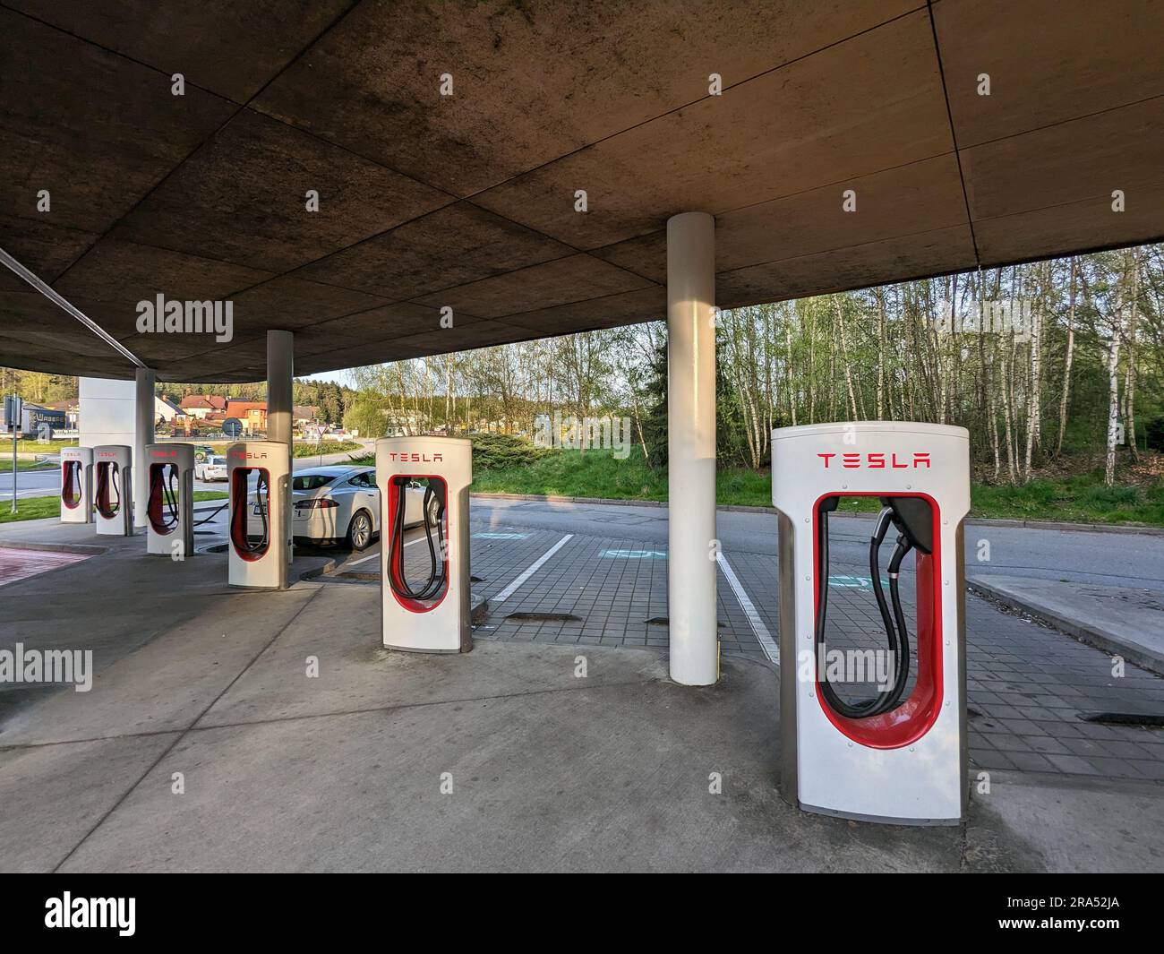 Humpolec, CZECH REPUBLIC - May 16 , 2023: Tesla charging stations are ...
