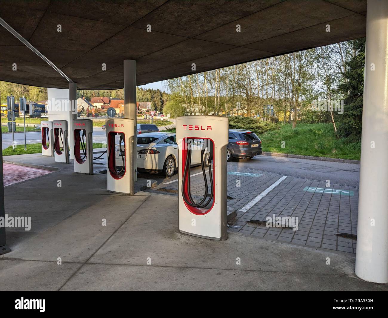 Humpolec, CZECH REPUBLIC - May 16 , 2023: Tesla charging stations are ...