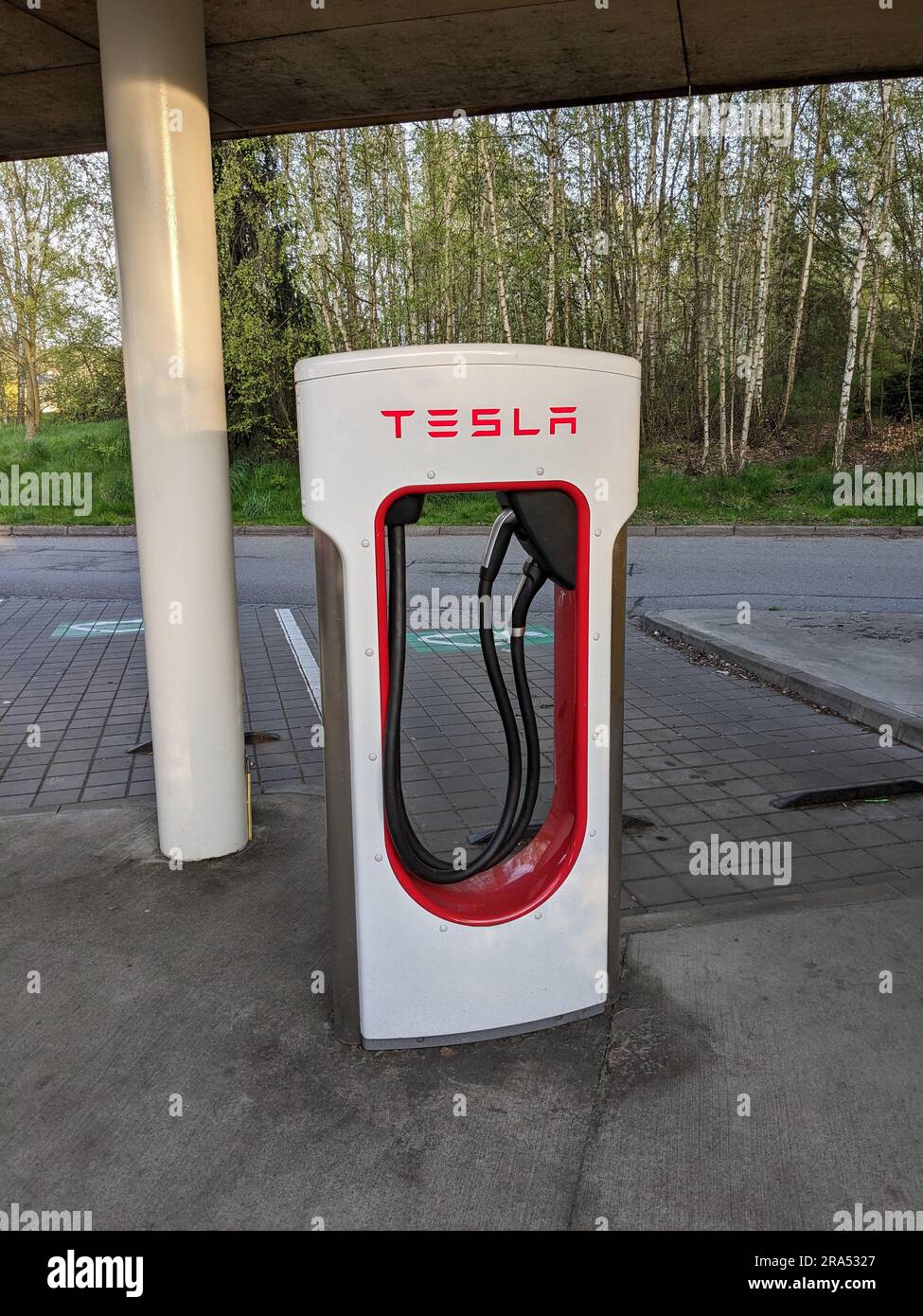 Humpolec, CZECH REPUBLIC - May 16 , 2023: Tesla charging stations are ...