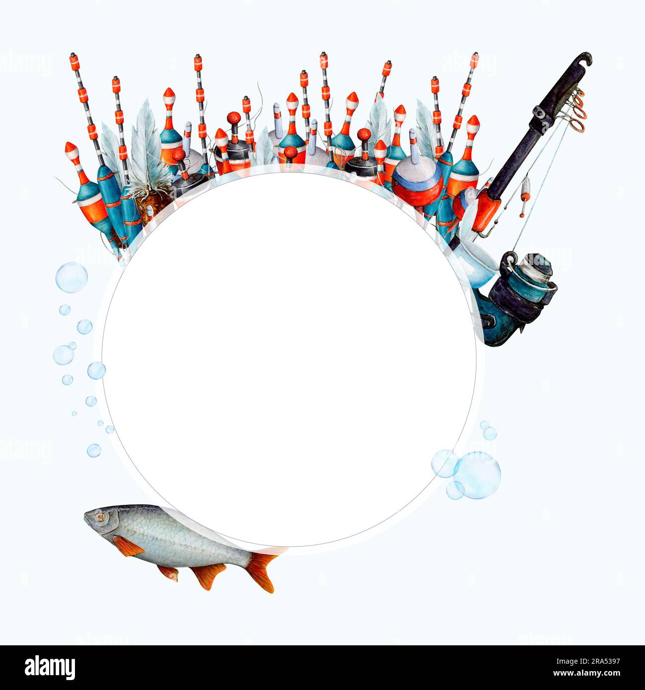 Watercolor drawing round frame from various fishing bobblers, fish ...
