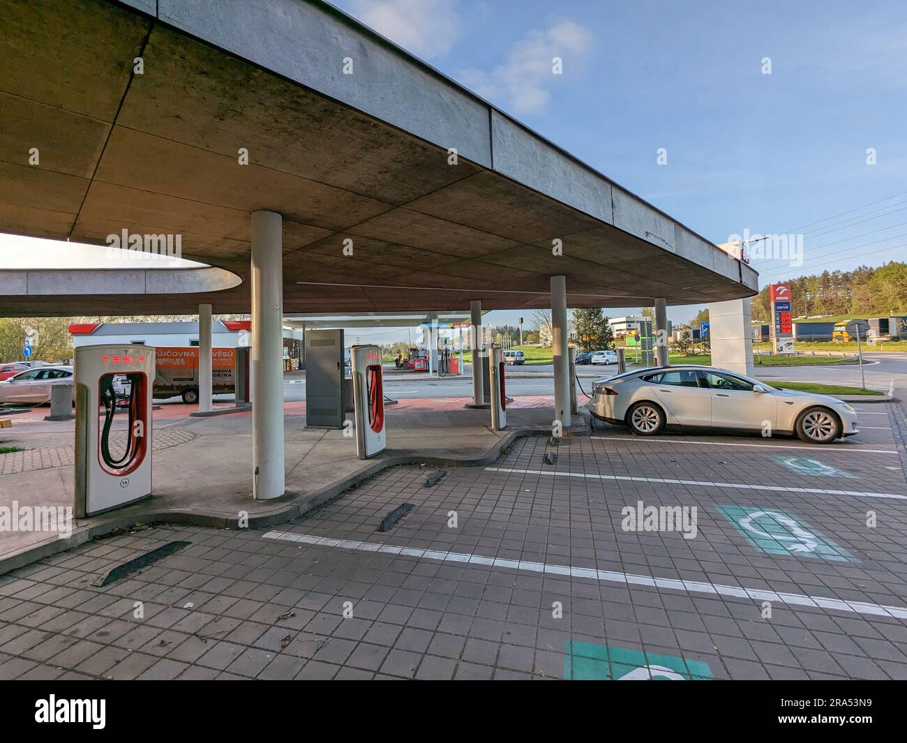 Humpolec, CZECH REPUBLIC - May 16 , 2023: Tesla charging stations are ...