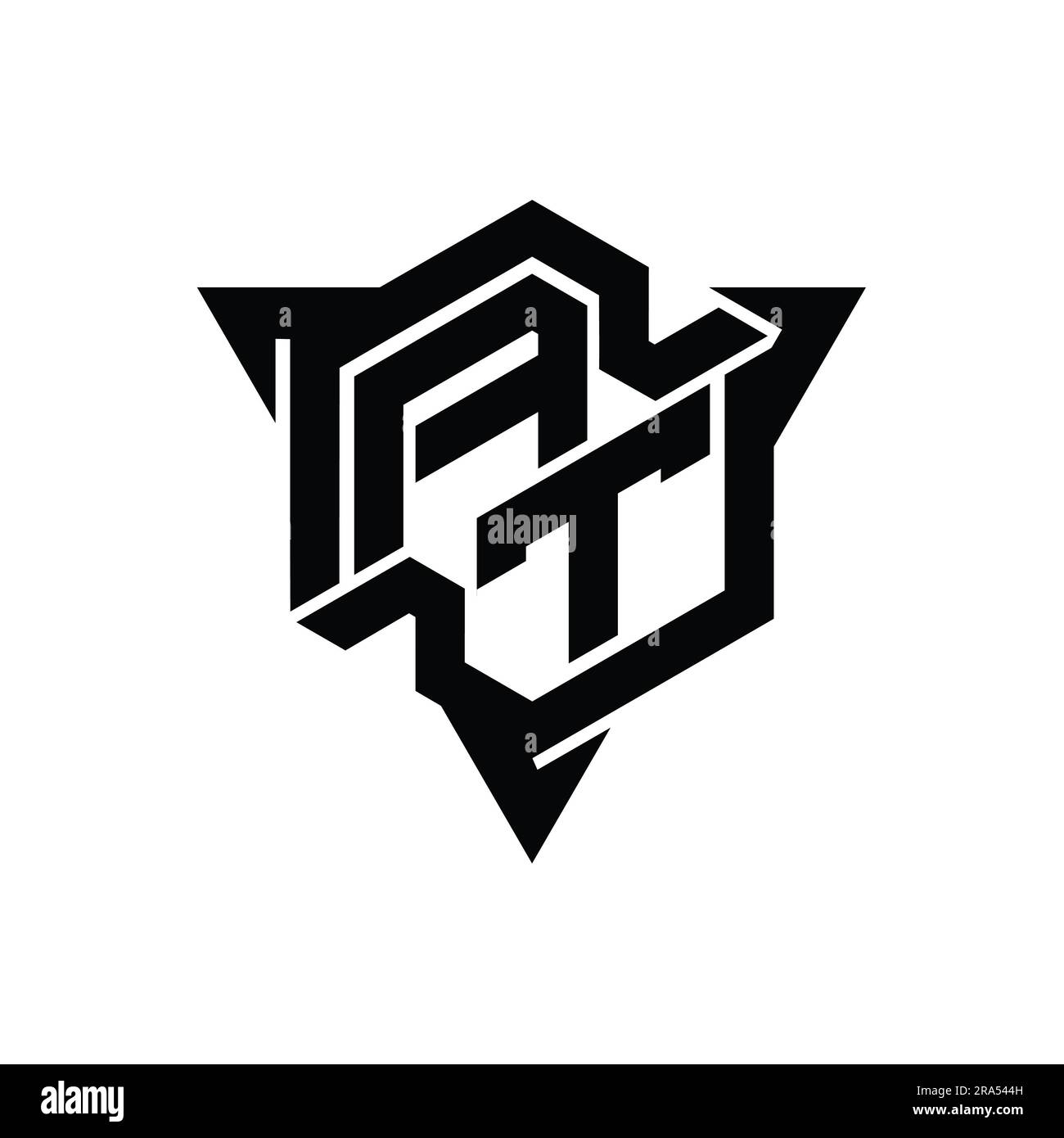 AT Letter Logo monogram hexagon shape with triangle outline gaming style design template Stock ...