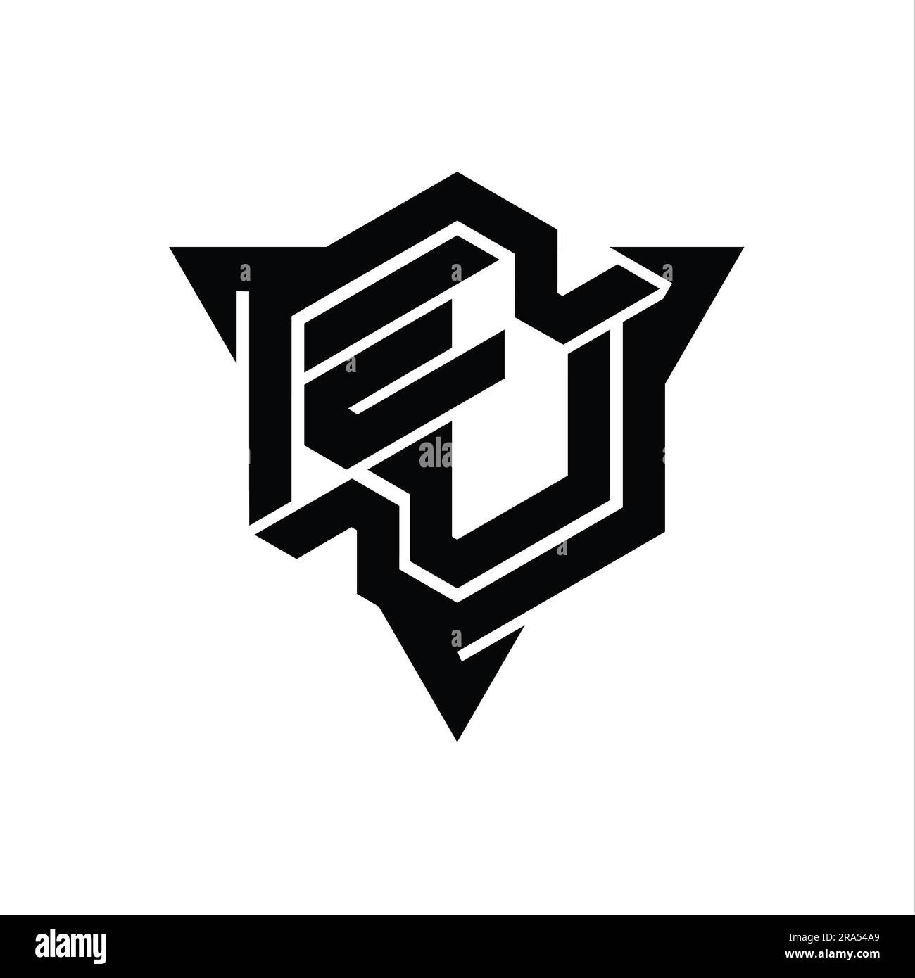 EU Letter Logo monogram hexagon shape with triangle outline gaming style design template Stock ...