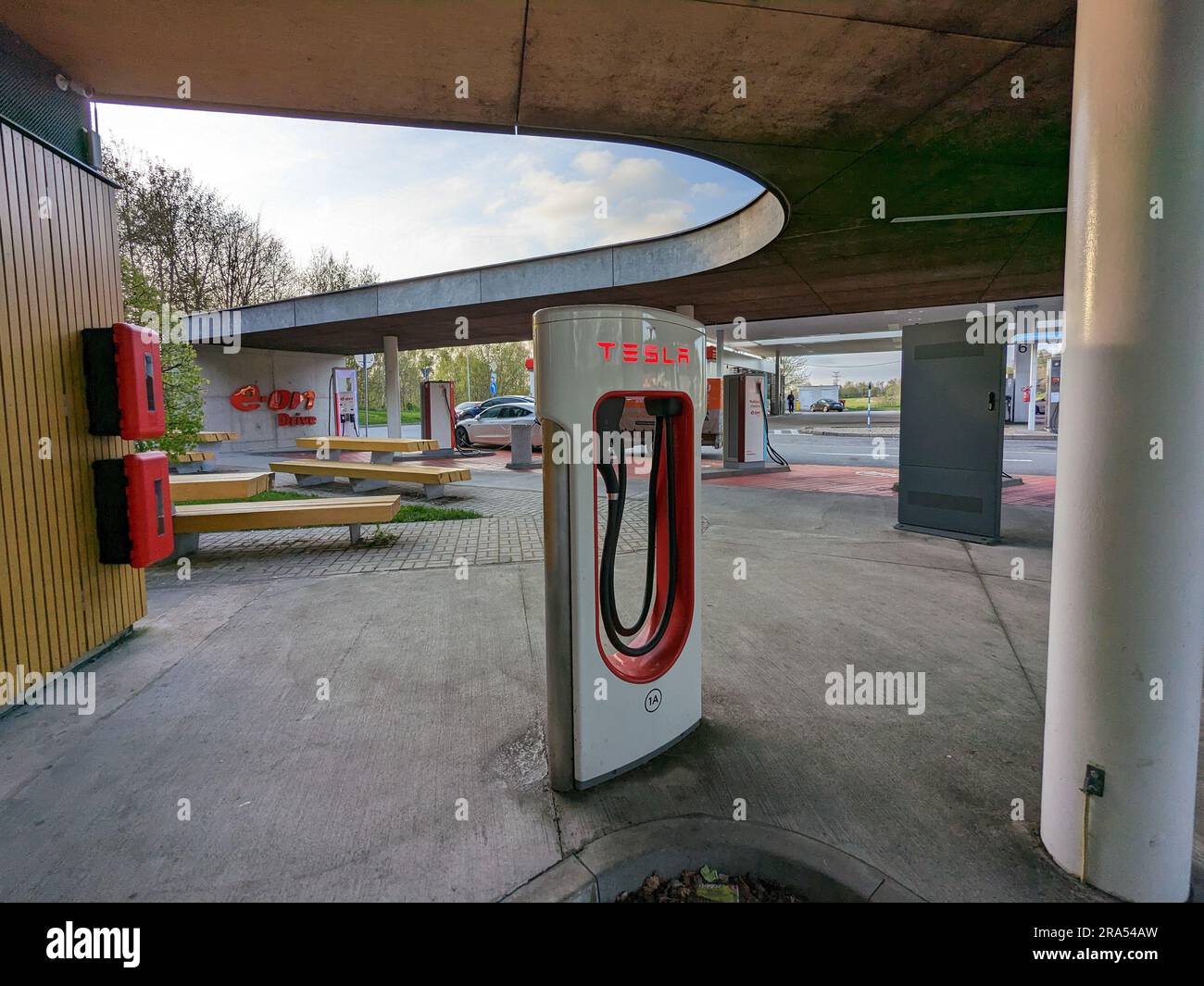 Humpolec, CZECH REPUBLIC - May 16 , 2023: Tesla charging stations are ...