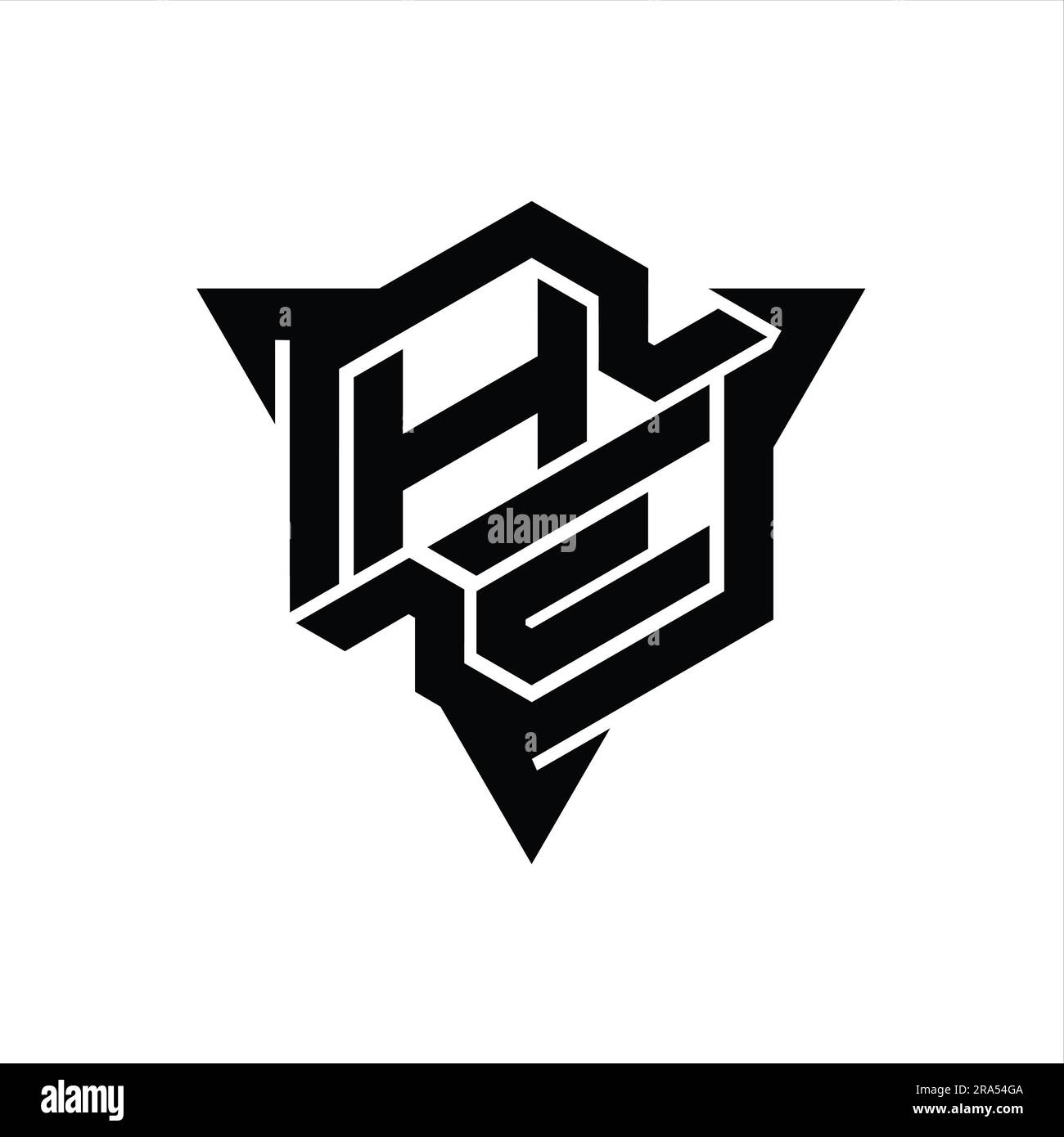 HE Letter Logo monogram hexagon shape with triangle outline gaming ...