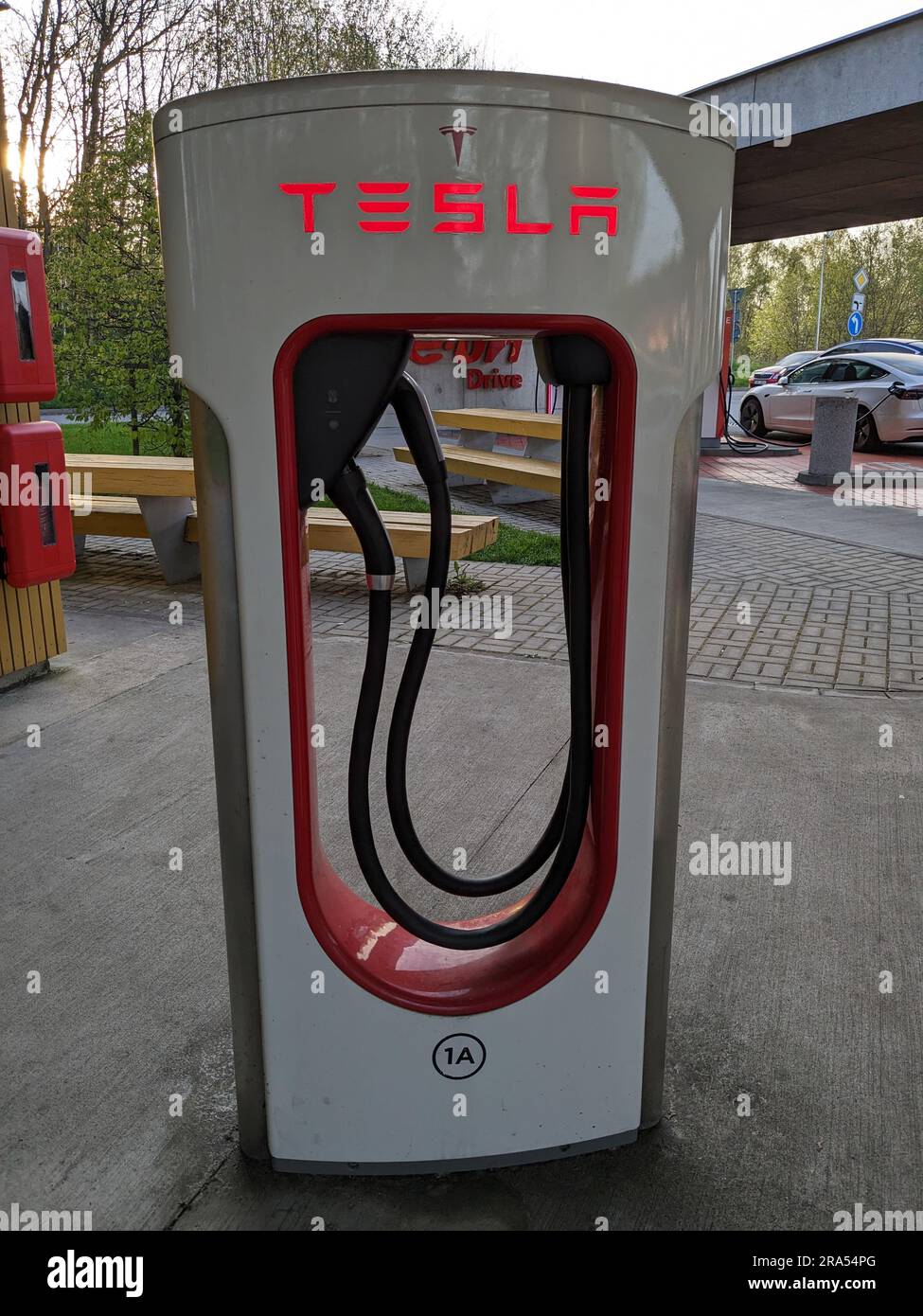 Humpolec, CZECH REPUBLIC - May 16 , 2023: Tesla charging stations are ...