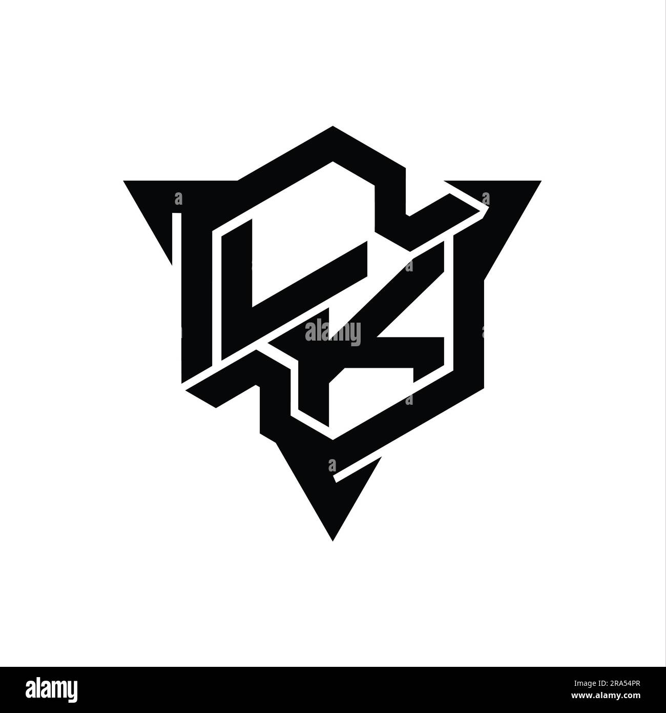 LK Letter Logo monogram hexagon shape with triangle outline gaming style design template Stock ...
