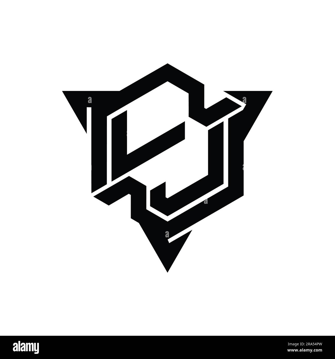 LJ Letter Logo monogram hexagon shape with triangle outline gaming style design template Stock ...
