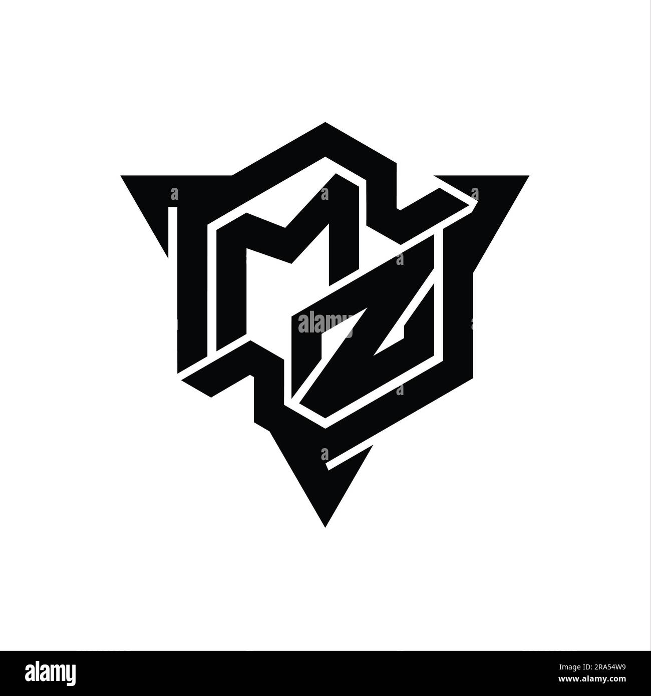 MZ Letter Logo monogram hexagon shape with triangle outline gaming style design template Stock ...