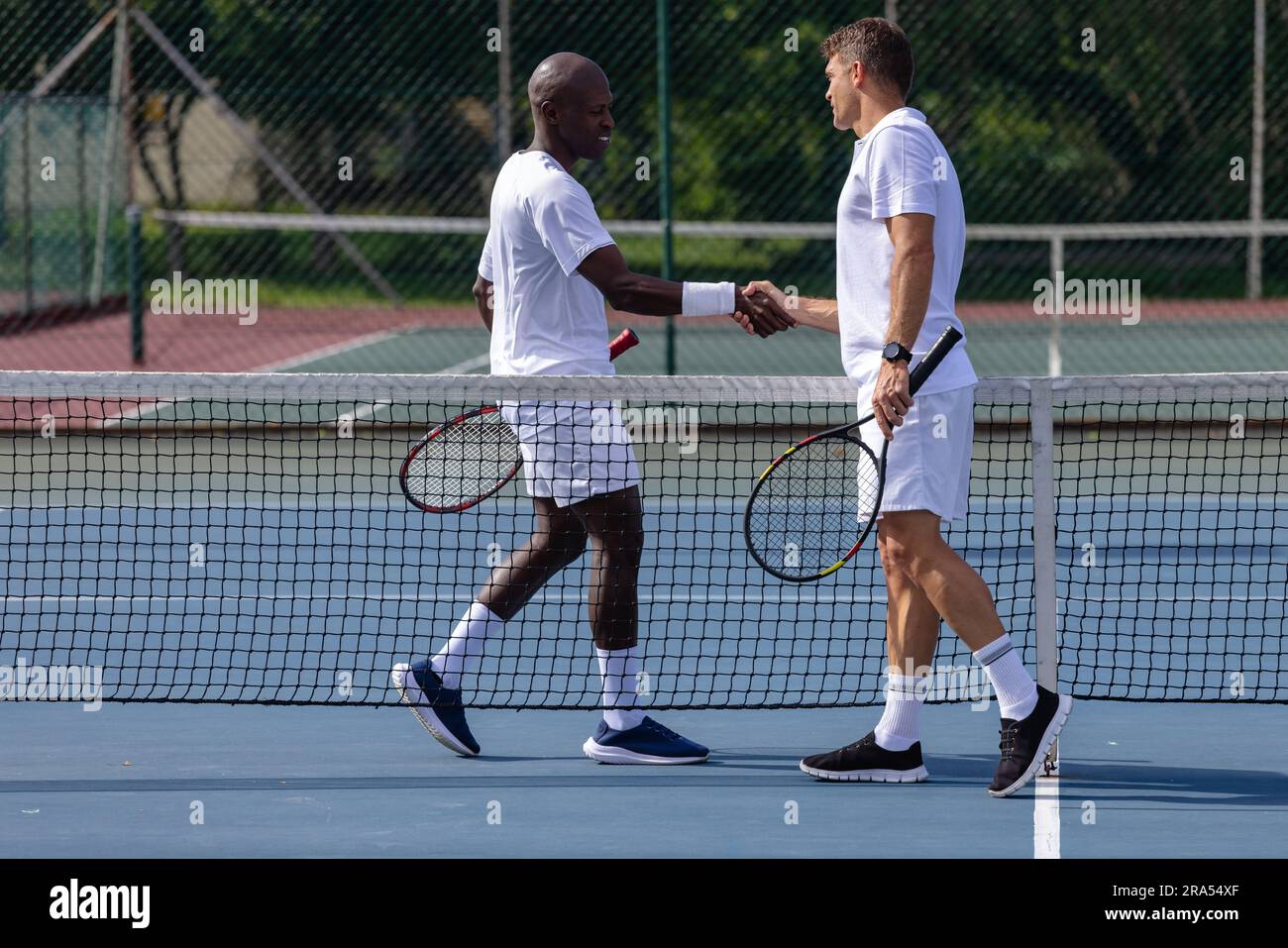 Happy diverse male tennis players shaking hands on outdoor tennis court ...