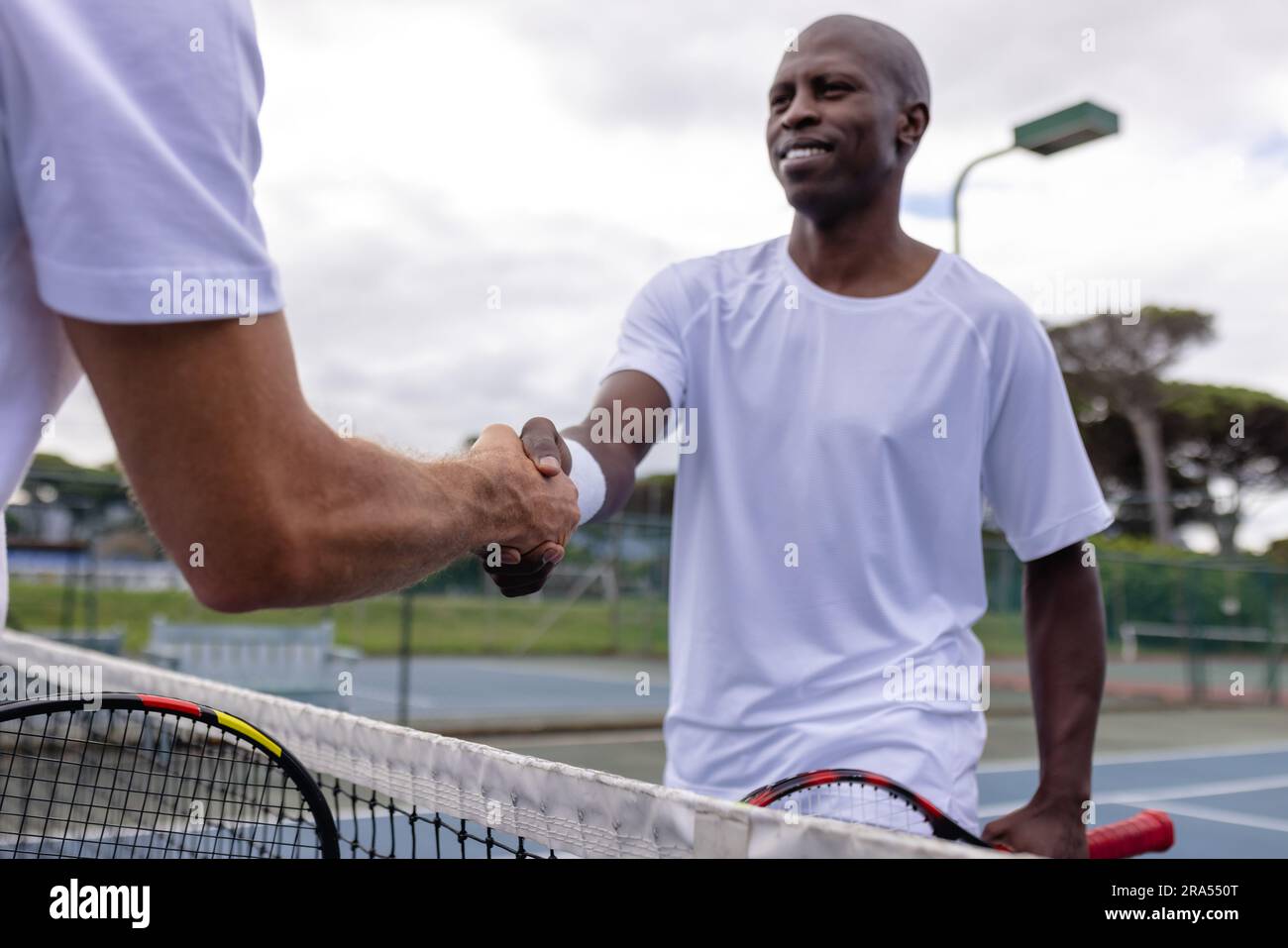 Happy diverse male tennis players shaking hands on outdoor tennis court ...