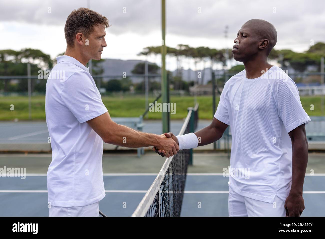 Diverse male tennis players shaking hands on tennis court Stock Photo ...