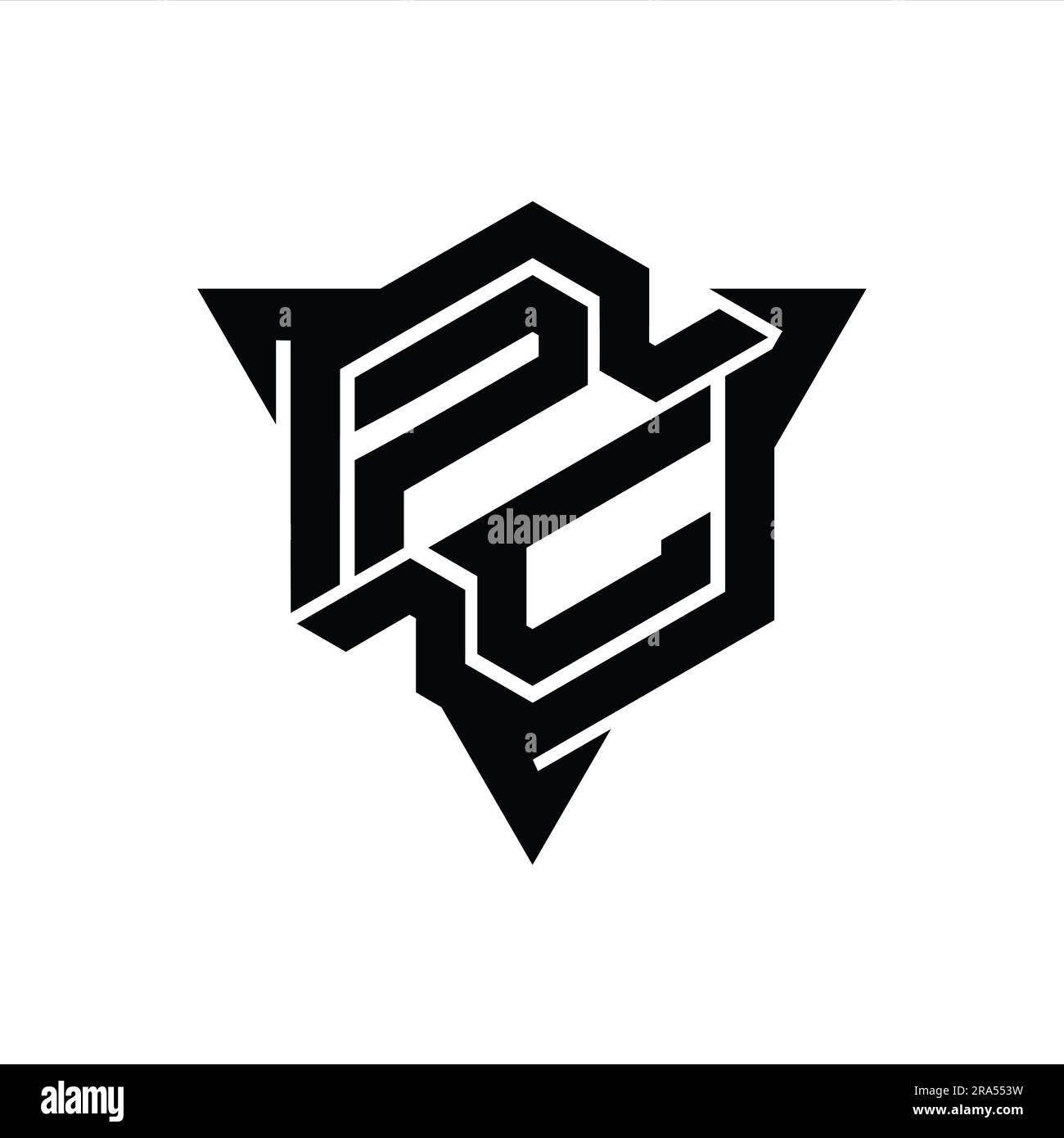 PC Letter Logo monogram hexagon shape with triangle outline gaming ...