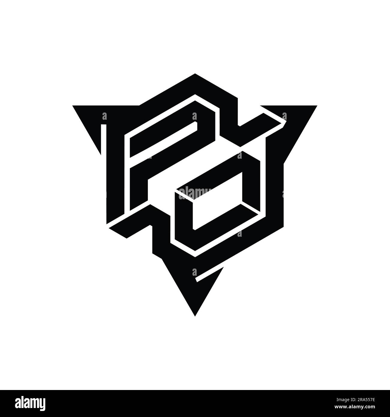PO Letter Logo monogram hexagon shape with triangle outline gaming style design template Stock ...