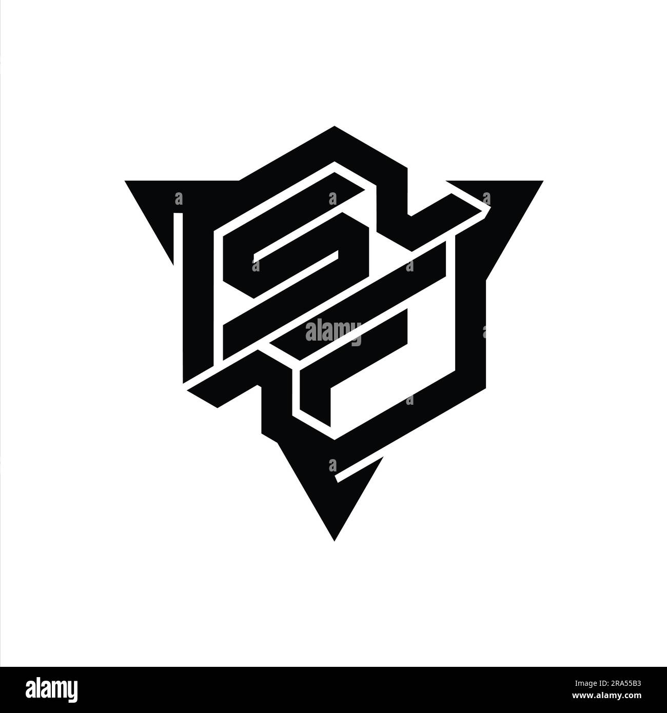 SF Letter Logo monogram hexagon shape with triangle outline gaming style design template Stock ...
