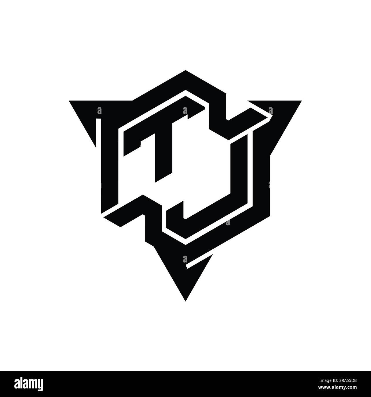 TJ Letter Logo monogram hexagon shape with triangle outline gaming style design template Stock ...