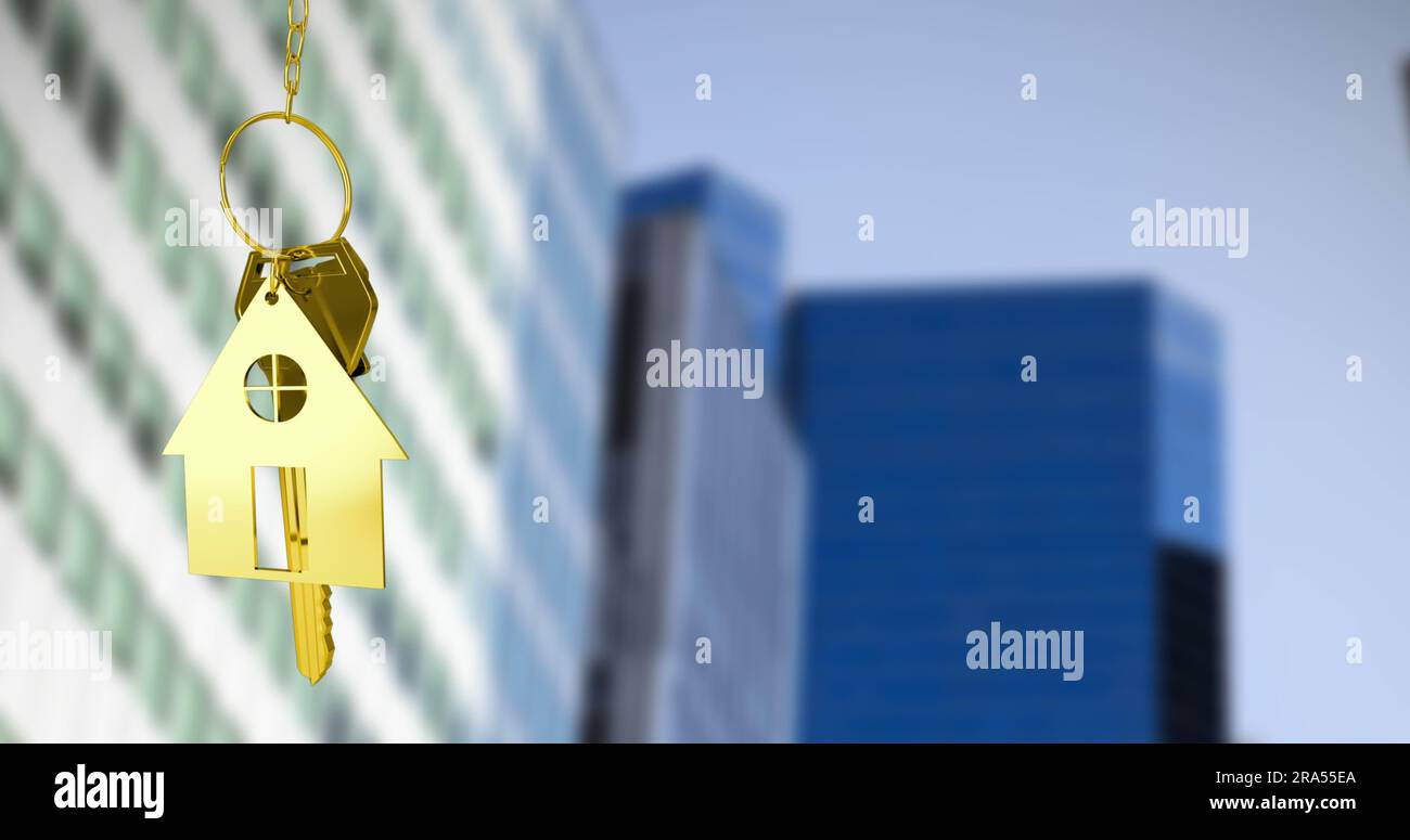 Image of golden house keys against blurred view of tall buildings Stock ...