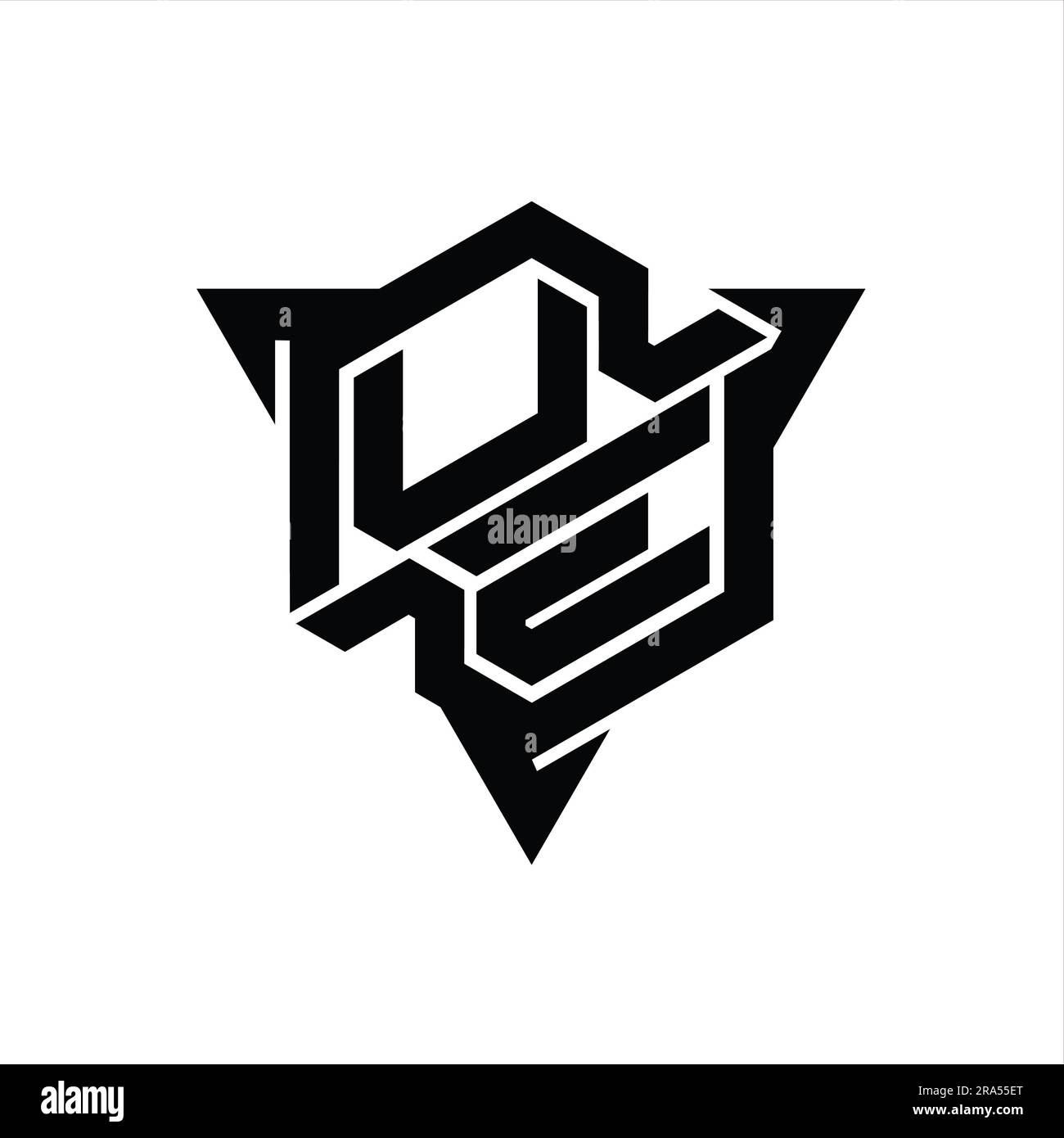 UE Letter Logo monogram hexagon shape with triangle outline gaming ...